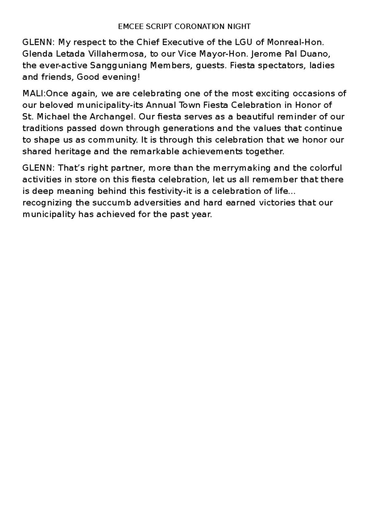 Emcee Script Coronation Night - EMCEE SCRIPT CORONATION NIGHT GLENN: My ...