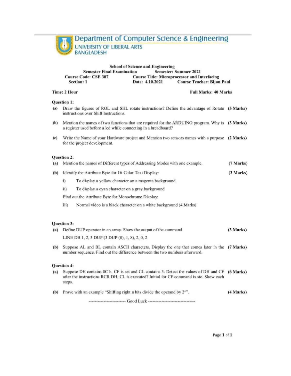 Final Summer 21 Section 1 - Microprocessor and Interfacing - Studocu