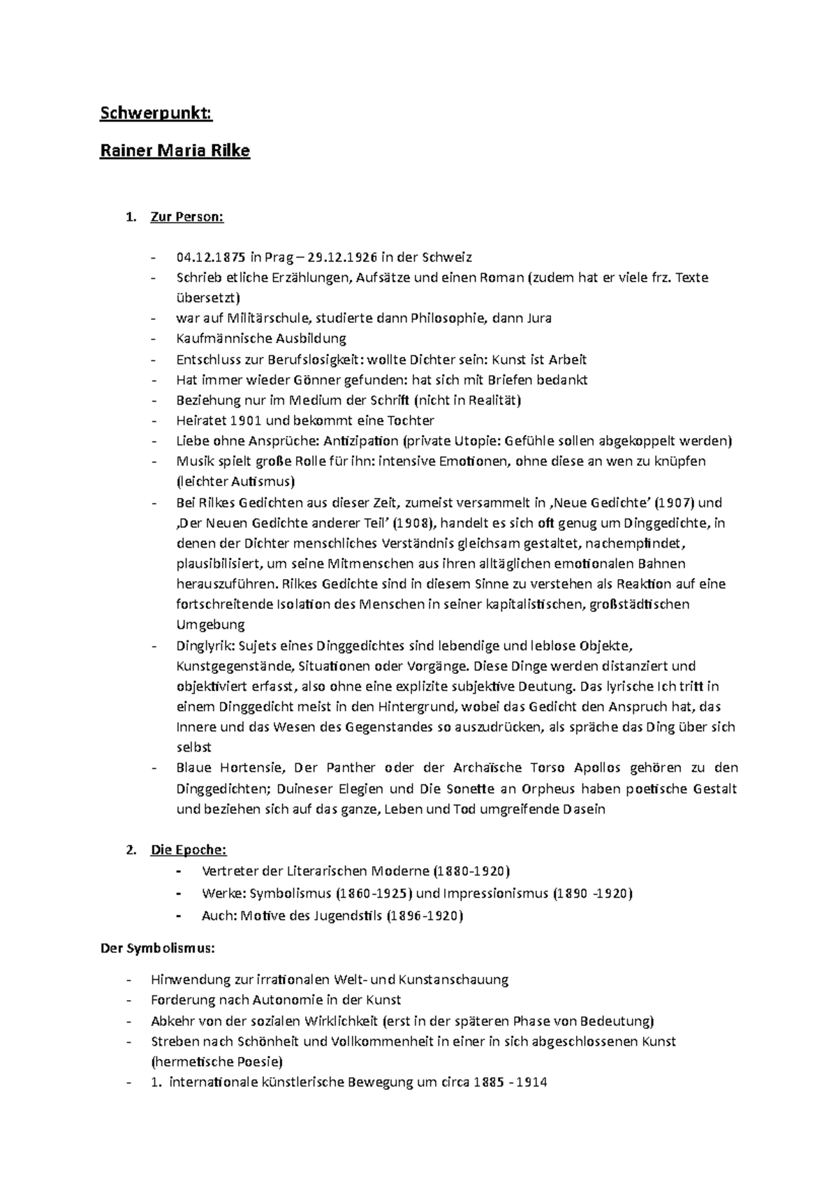 Rilke und der Panther - Schwerpunkt: Rainer Maria Rilke Zur Person: 04. ...