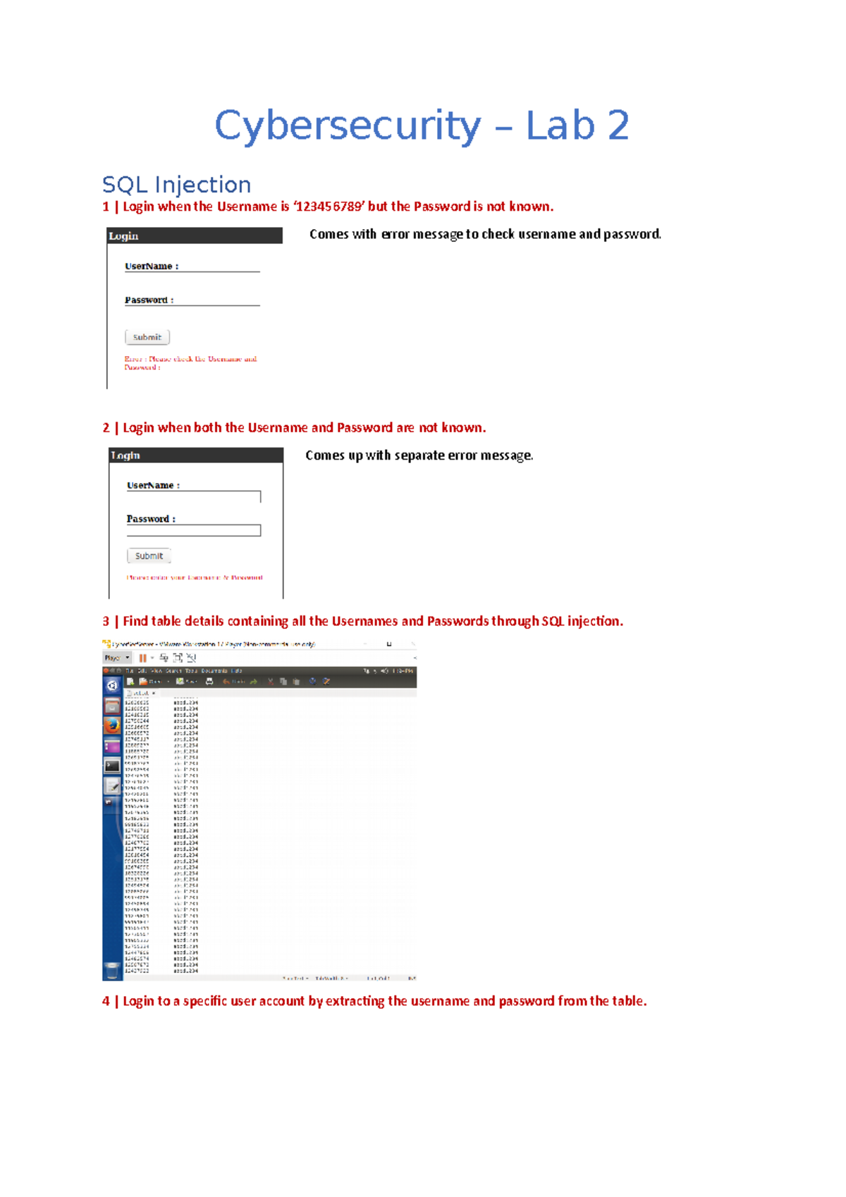 Lab 2 - Answers (Cybersecurity) - Cybersecurity – Lab 2 SQL Injection 1 ...