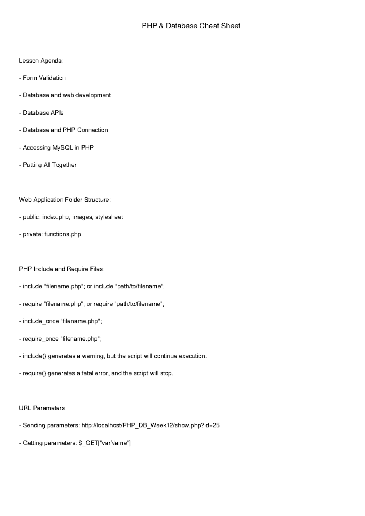 Php database cheat sheet - PHP & Database Cheat Sheet Lesson Agenda ...
