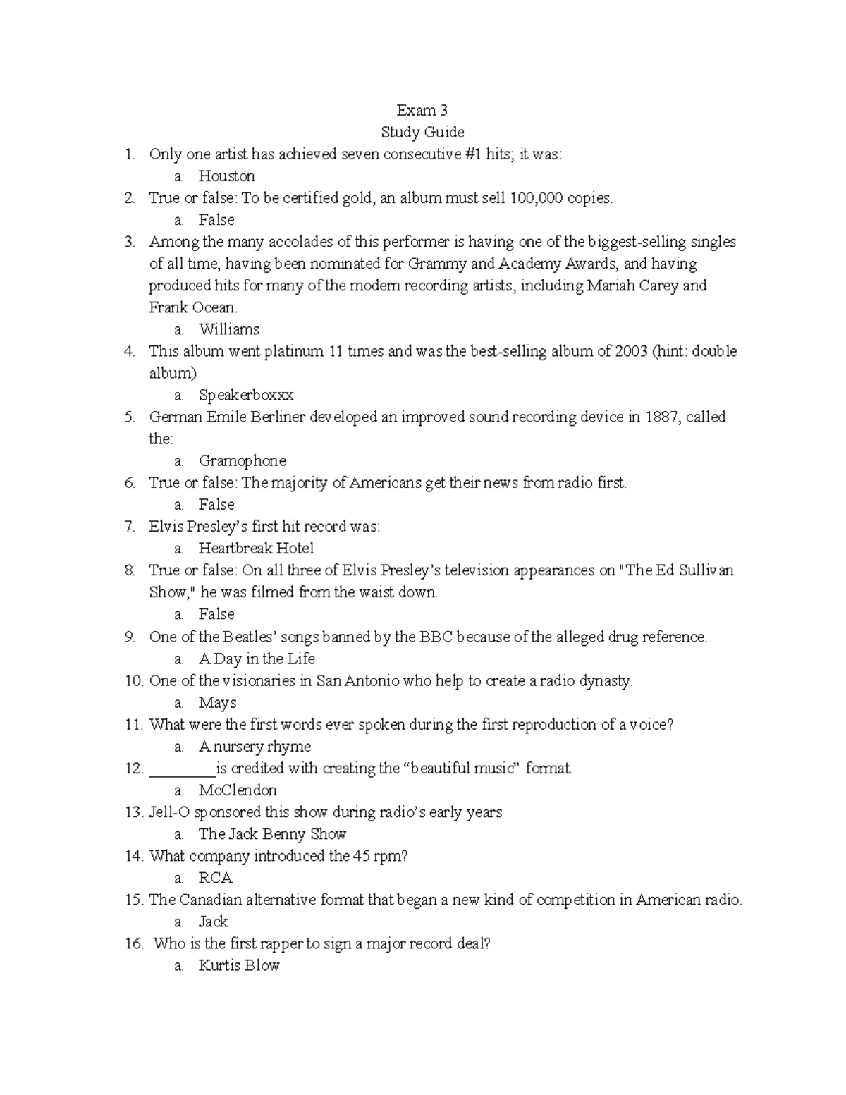 Exam 3 - Study Guide - Exam 3 Study Guide Only one artist has achieved ...