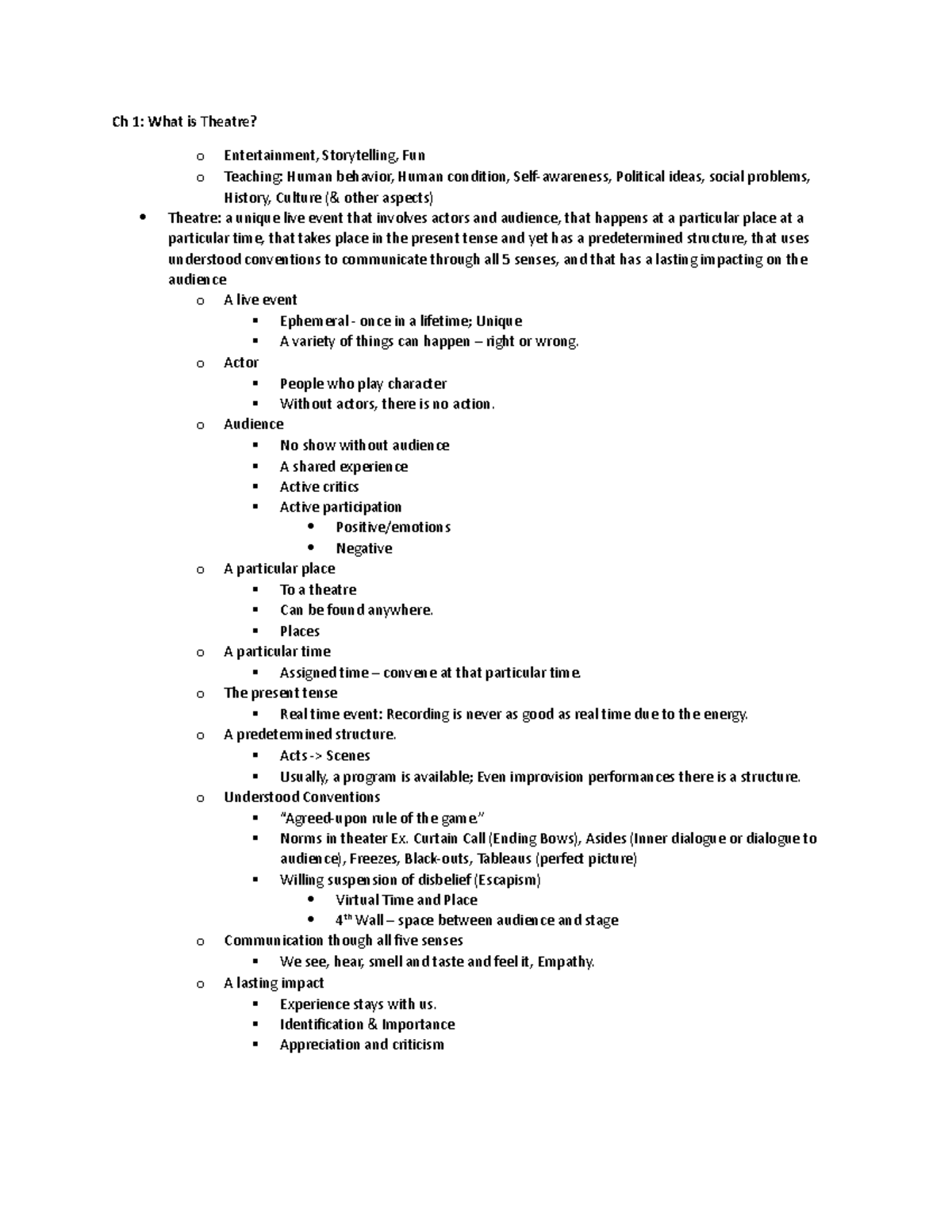 Theatre Appreciation-Ch1 - Ch 1: What is Theatre? o Entertainment ...