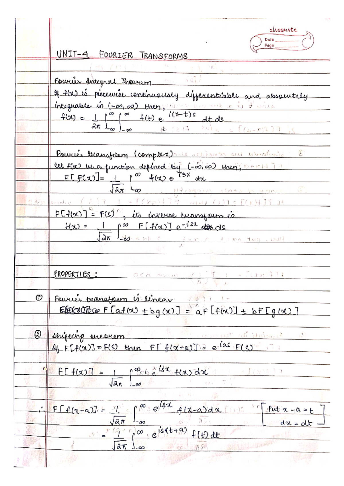 Unit 4-Maths - Class notes - classmate Date Page FOURIER TRANSFORMS ...