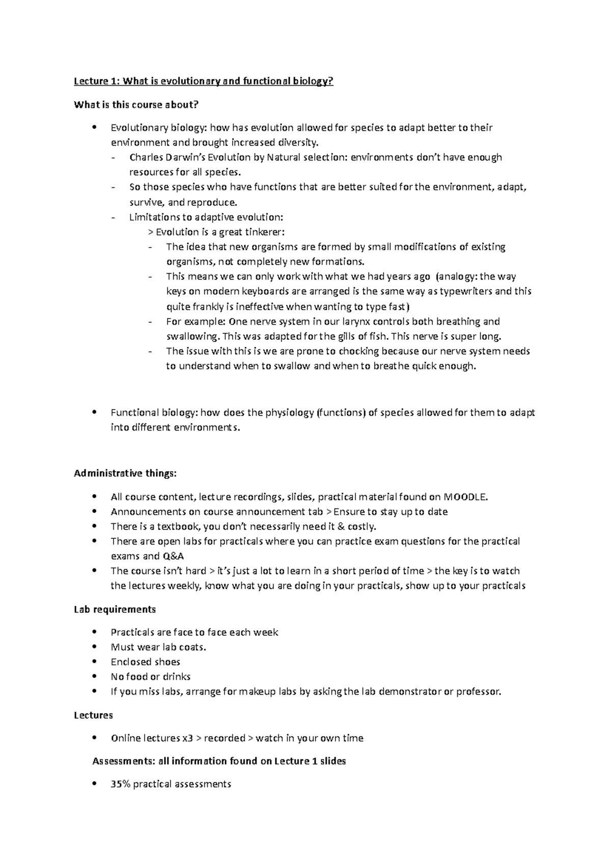 BIOS1101 W1 L1 - Lecture 1 notes - Lecture 1: What is evolutionary and ...