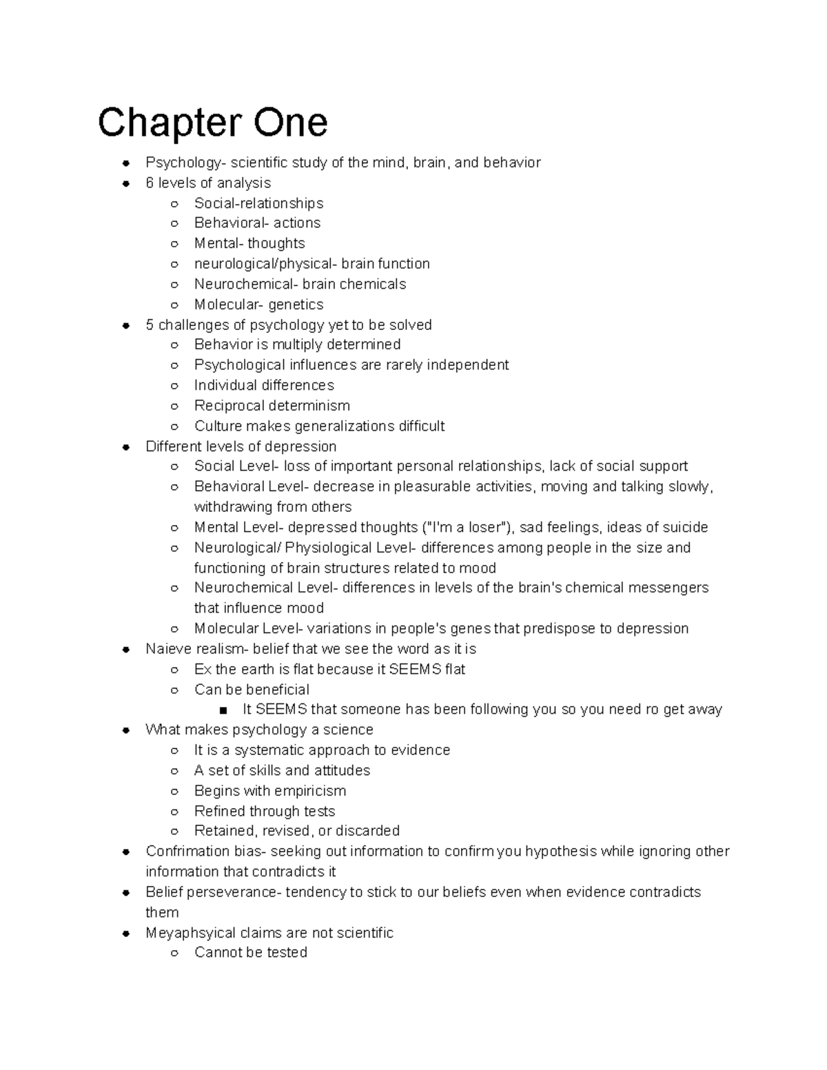 Psych Unit 1 - Summary of unit 1 - Chapter One Psychology- scientific ...
