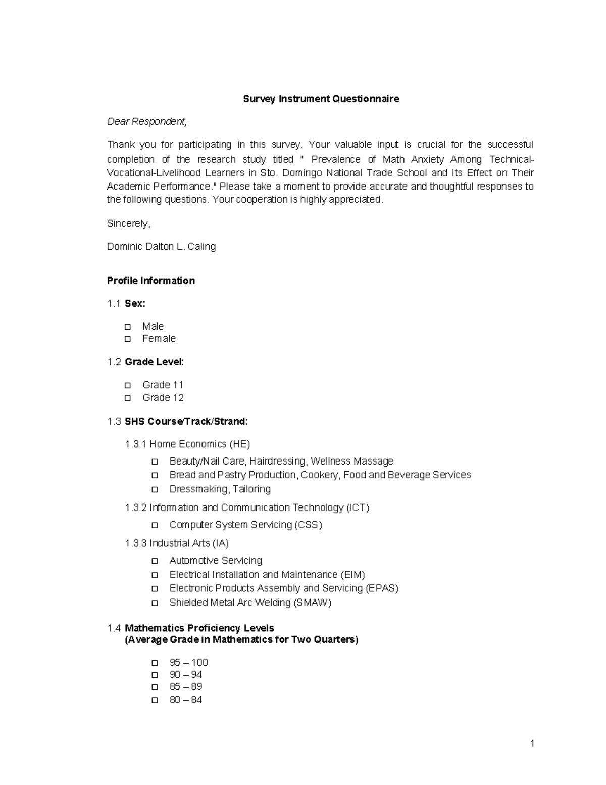 Survey Questionnaire Thesis Template - Survey Instrument Questionnaire ...