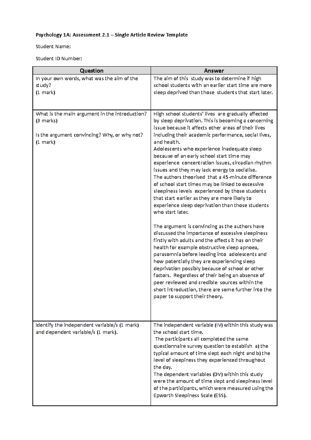 BEHL1030 Psych 1A Assessment 2.1 Single Article Review - Psychology 1A: Assessment 2 – Single ...