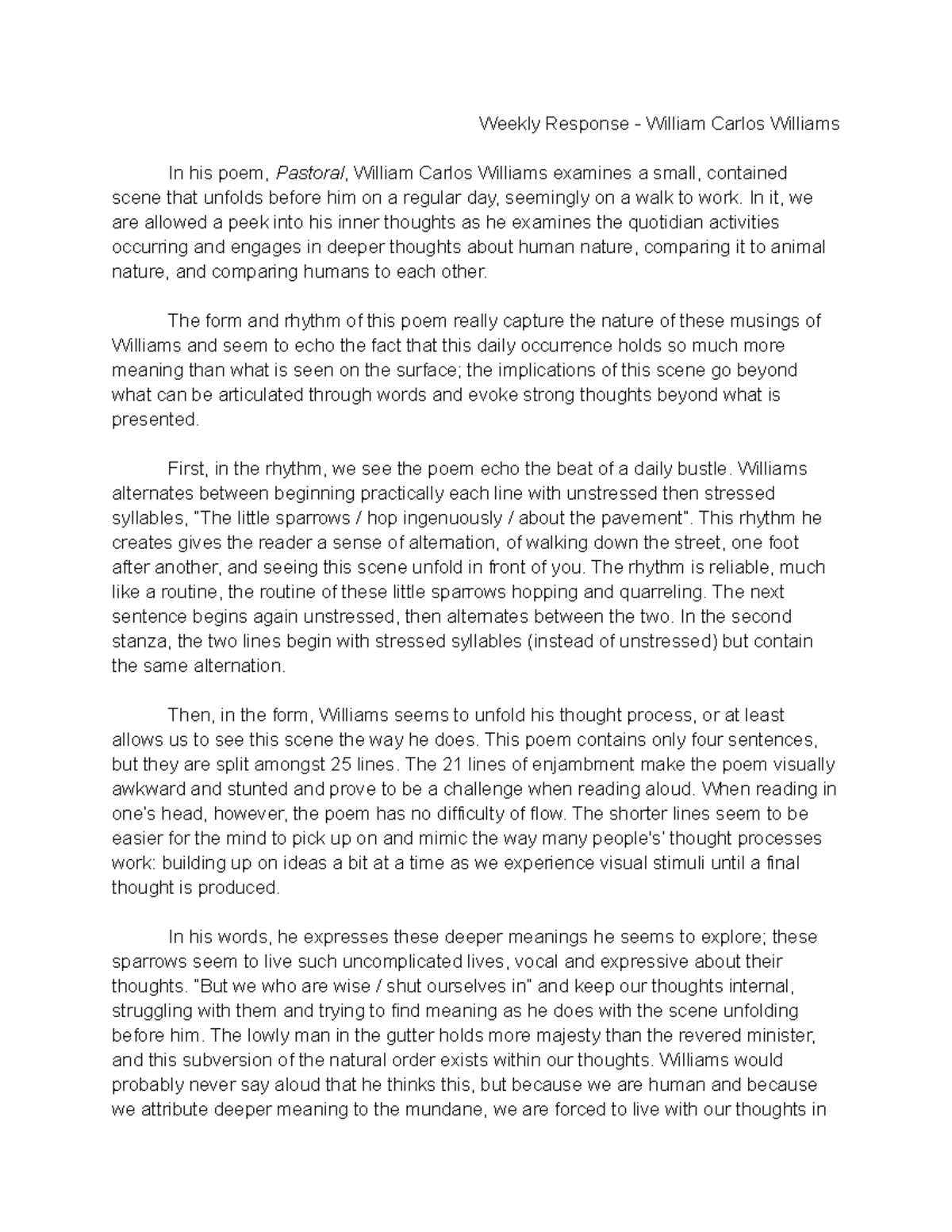 Weekly Response - William Carlos Williams - In it, we are allowed a ...