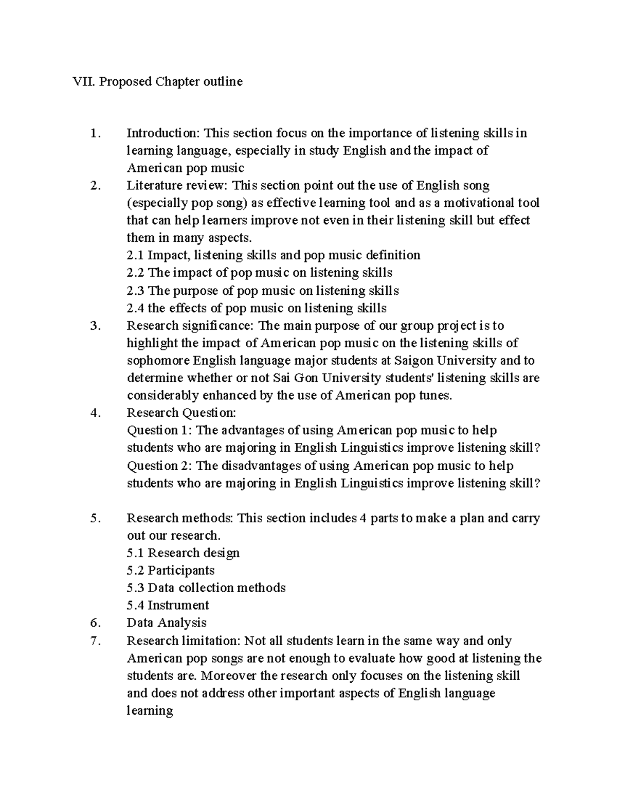 Outline - VII. Proposed Chapter outline 1. Introduction: This section ...