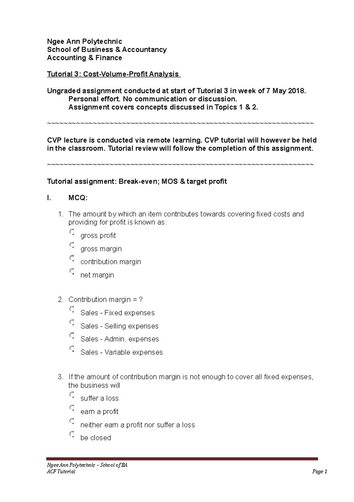 Tutorial 3 - CVP Analysis - Student - Ngee Ann Polytechnic School of ...
