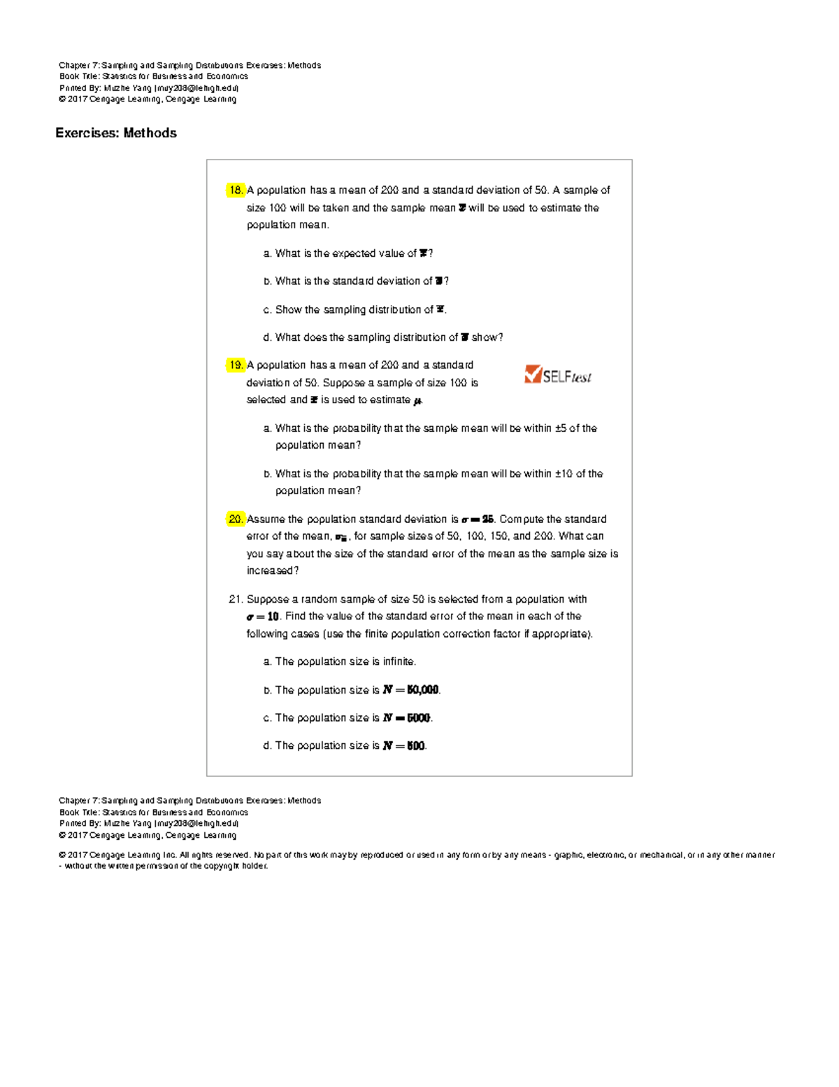 Ps6 questions - problem set 6 - Chapter 7: Sampling and Sampling Distributions Exercises ...