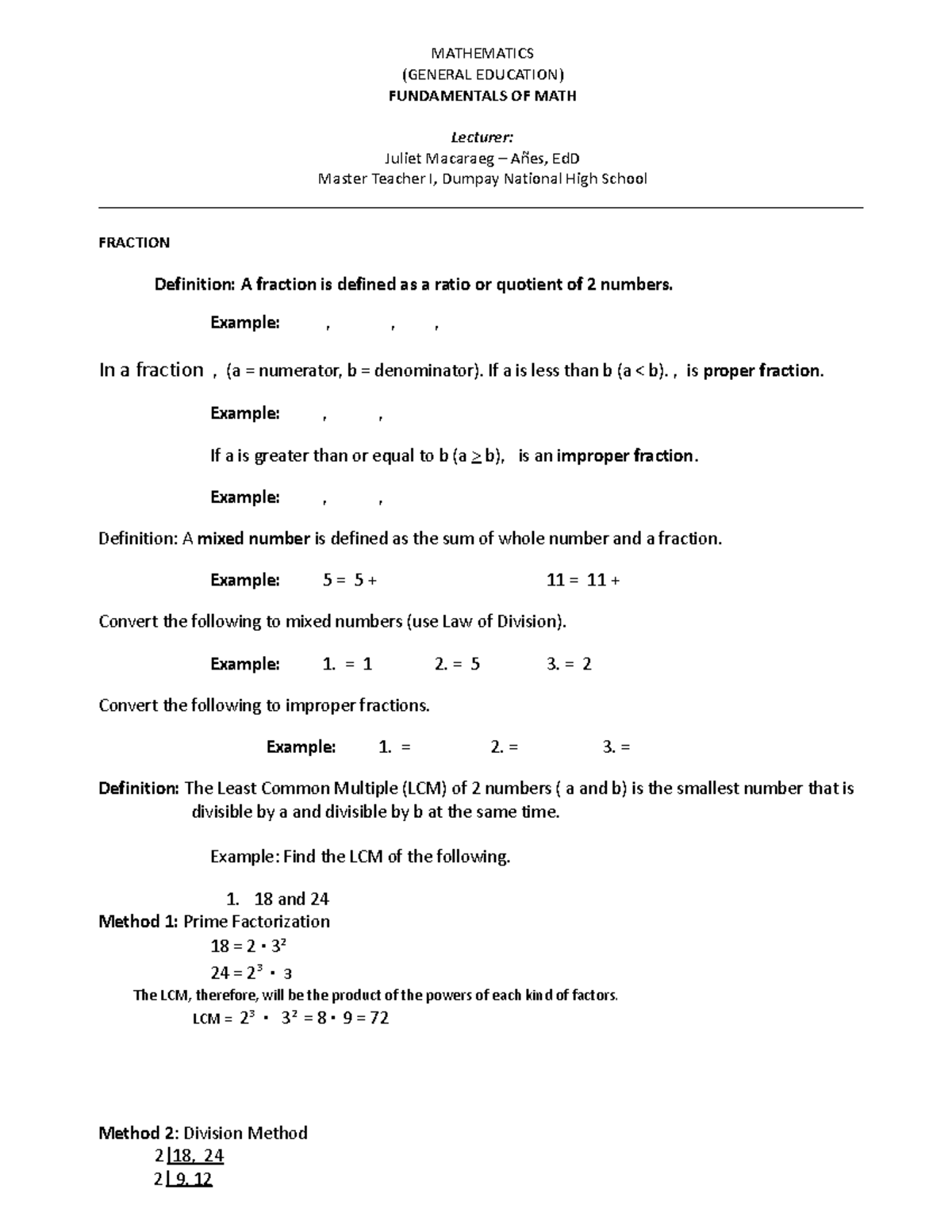 Lecture Math - MATHEMATICS (GENERAL EDUCATION) FUNDAMENTALS OF MATH Lecturer: Juliet Macaraeg ...