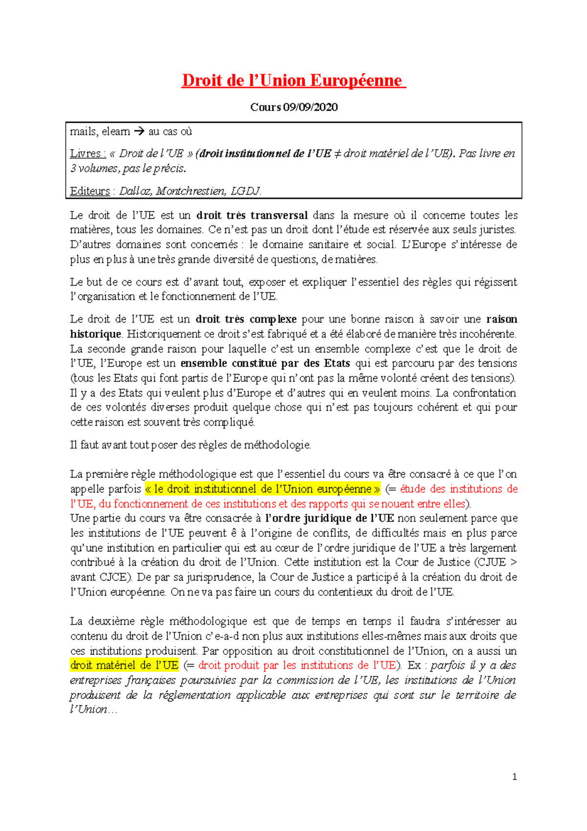 Droit u europ - Droit de l’Union Européenne Cours 09/09/ mails, elearn ...