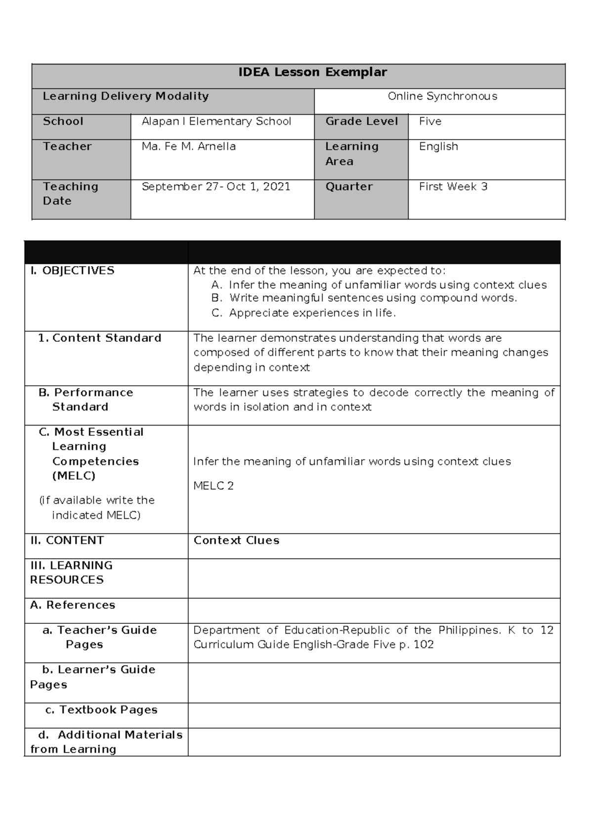 English 5 IDEA LE Q1 WEEK 3 - IDEA Lesson Exemplar Learning Delivery ...