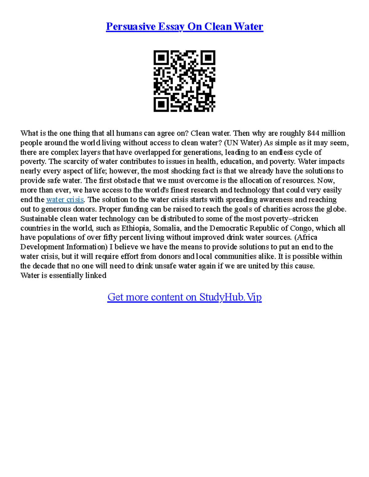 Essays On Save Water - Persuasive Essay On Clean Water What is the one ...