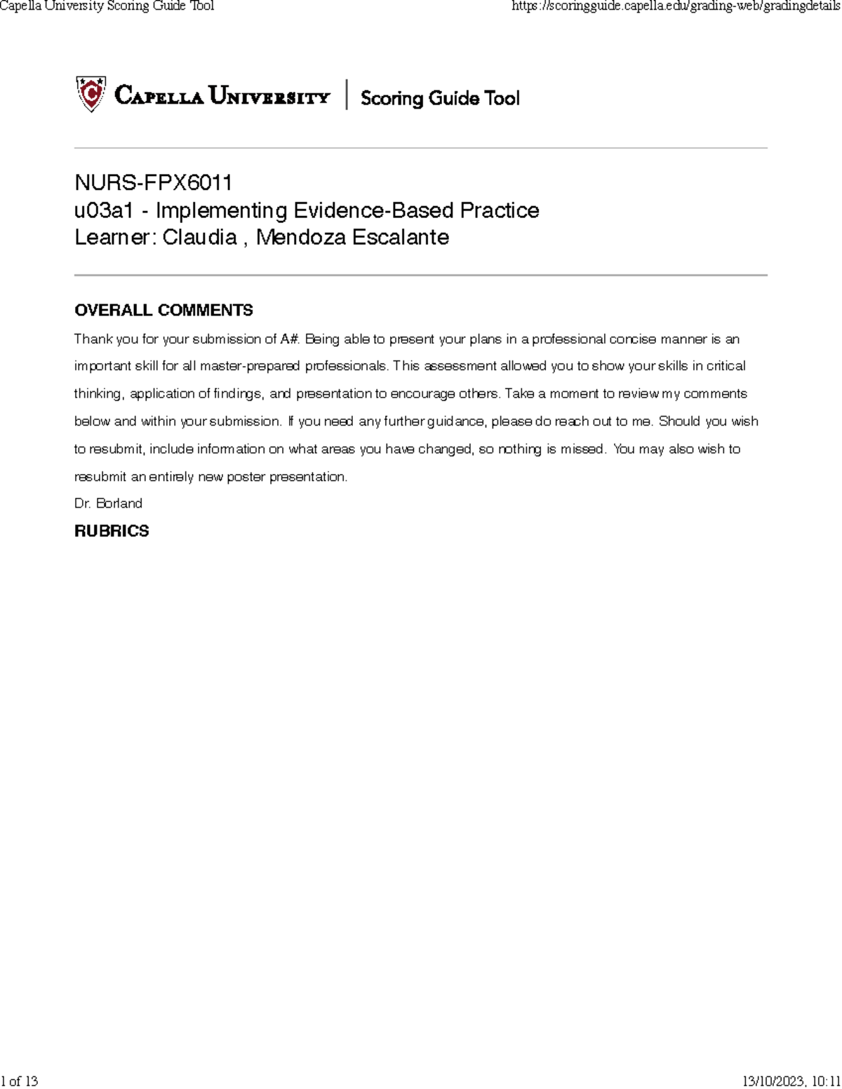 Capella University Scorifng Guide Tool - NURS-FPX u03a1 - Implementing ...