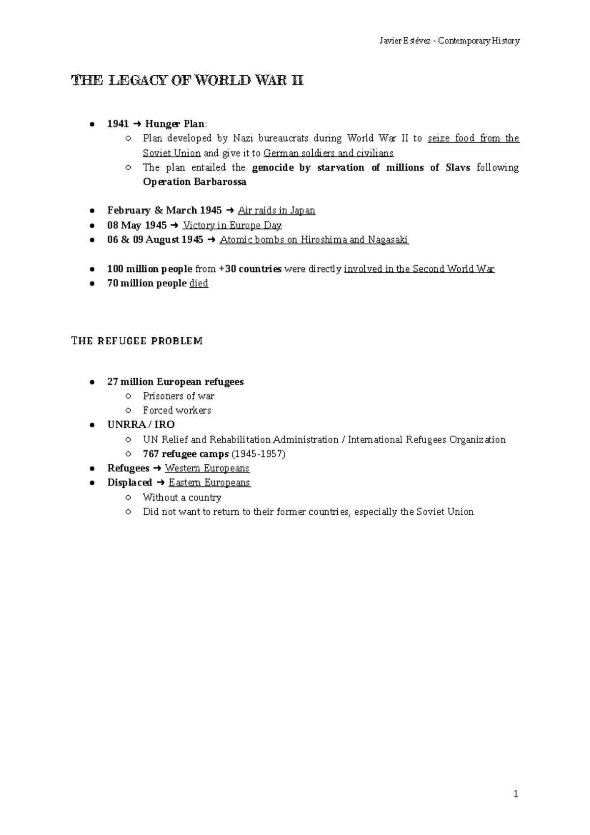 Contemporary History - Lecture notes - THE LEGACY OF WORLD WAR II 1941 ...