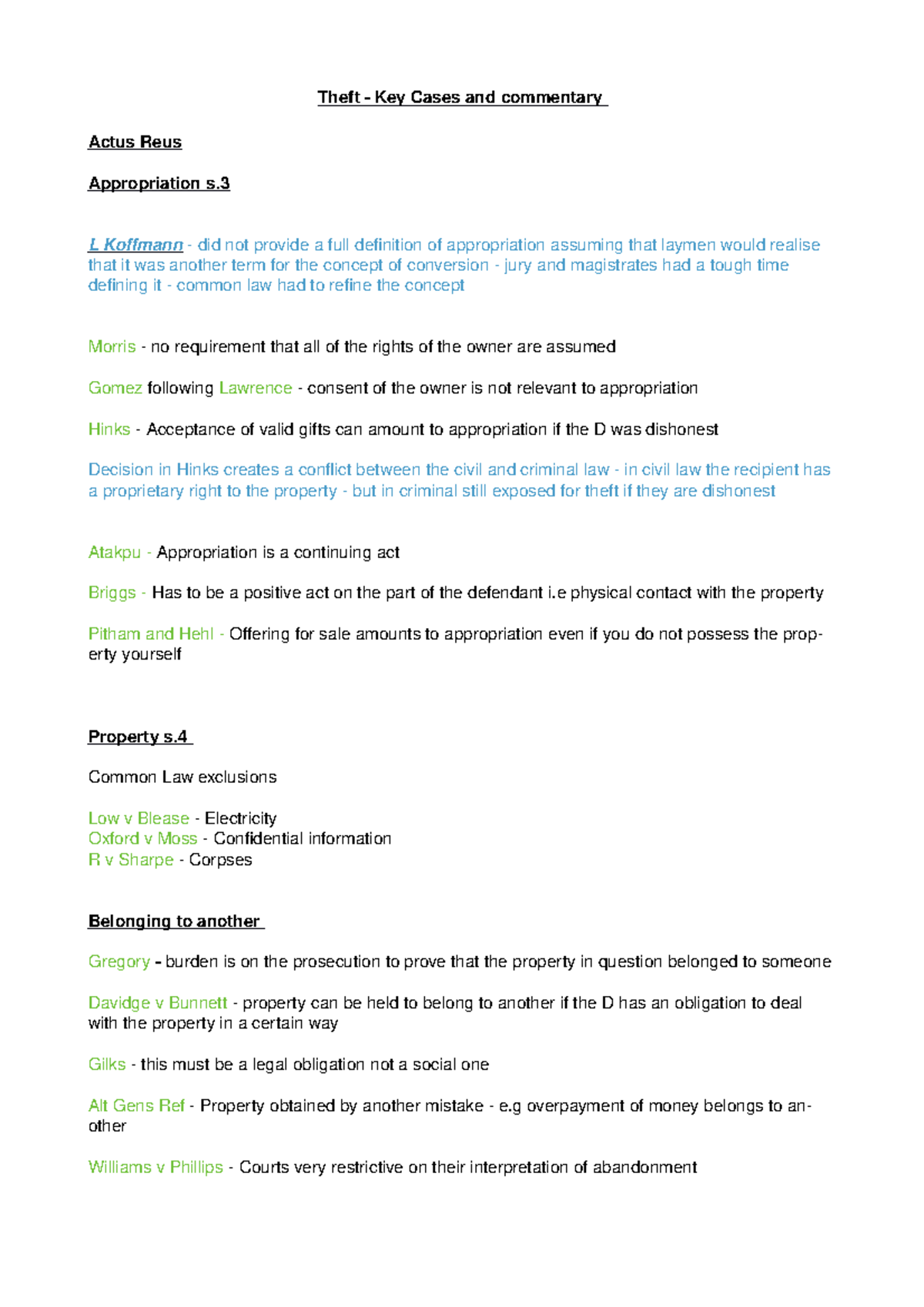 Theft Key Cases - Lecture notes 1 - Theft Key Cases and commentary ...