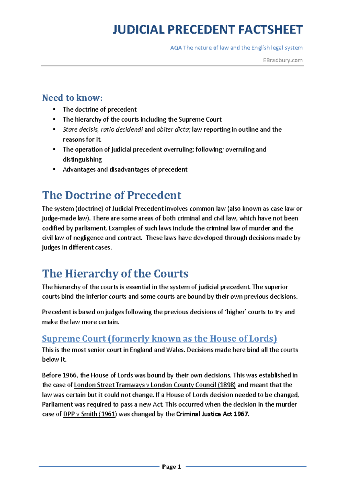 Judicial precedent factsheet AQA - AQA The nature of law and the ...
