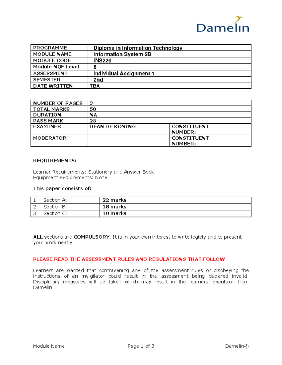IIS2B Assignment 1 - Module Name Page 1 of 3 Damelin© PROGRAMME Diploma ...
