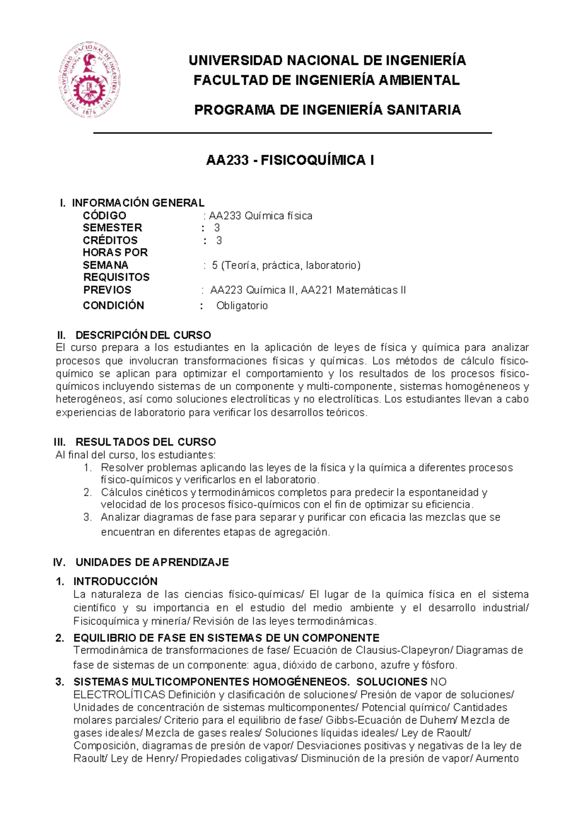 Fisco quimica silabo - dawdawd - UNIVERSIDAD NACIONAL DE INGENIERÍA ...