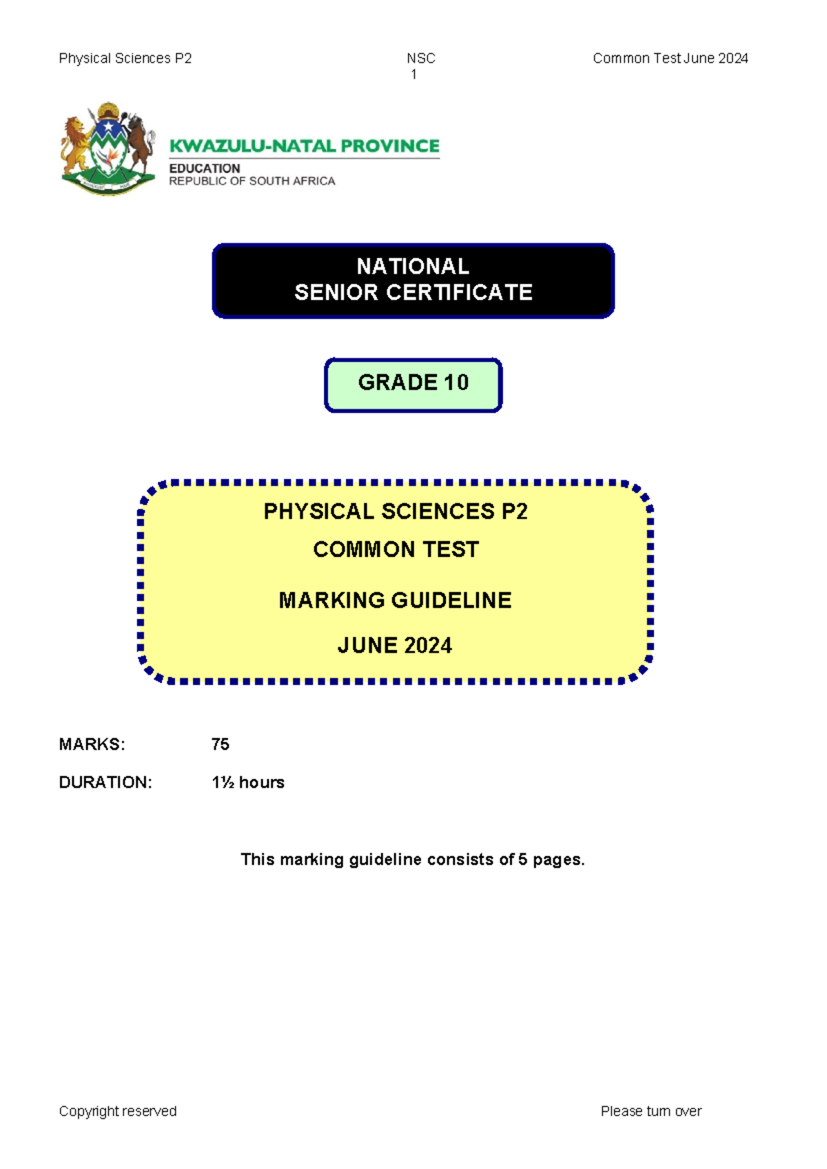 Physical Science P2 Grade 10 June 2024 Final Memo-1 - 1 MARKS: 75 ...