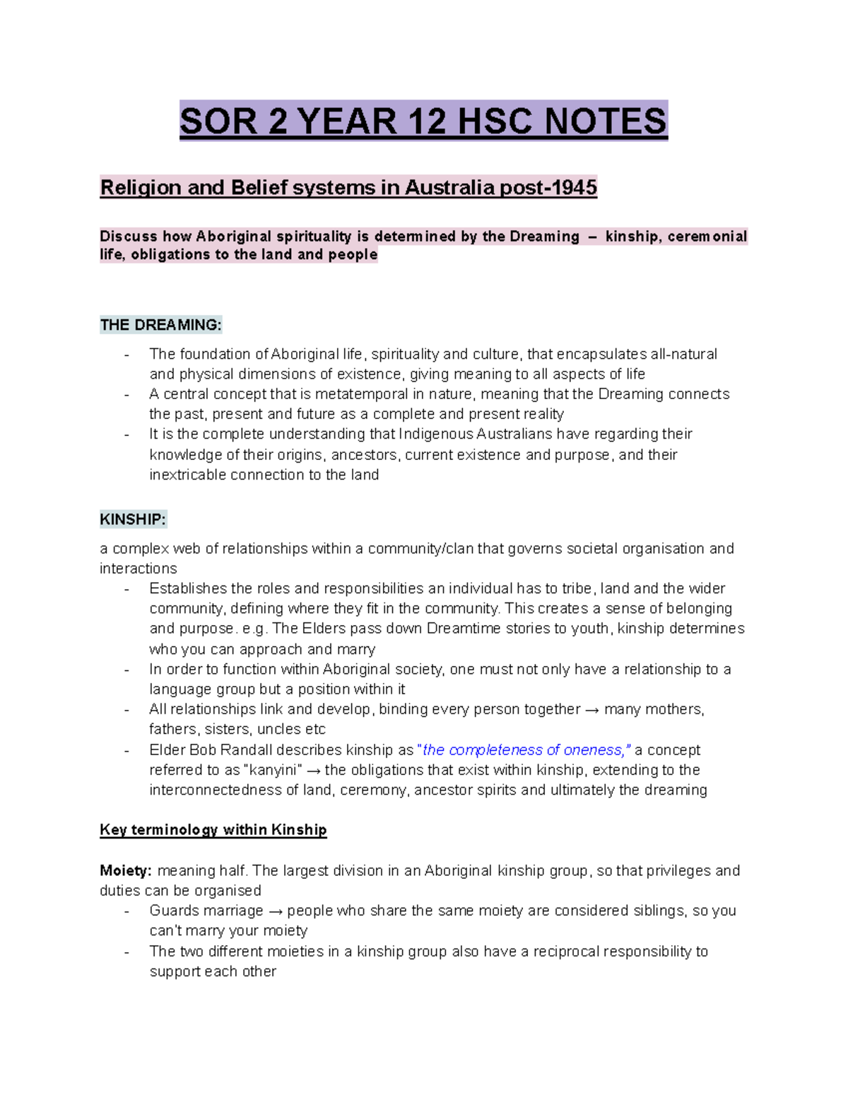 SOR 2 HSC Notes - SOR 2 YEAR 12 HSC NOTES Religion and Belief systems ...