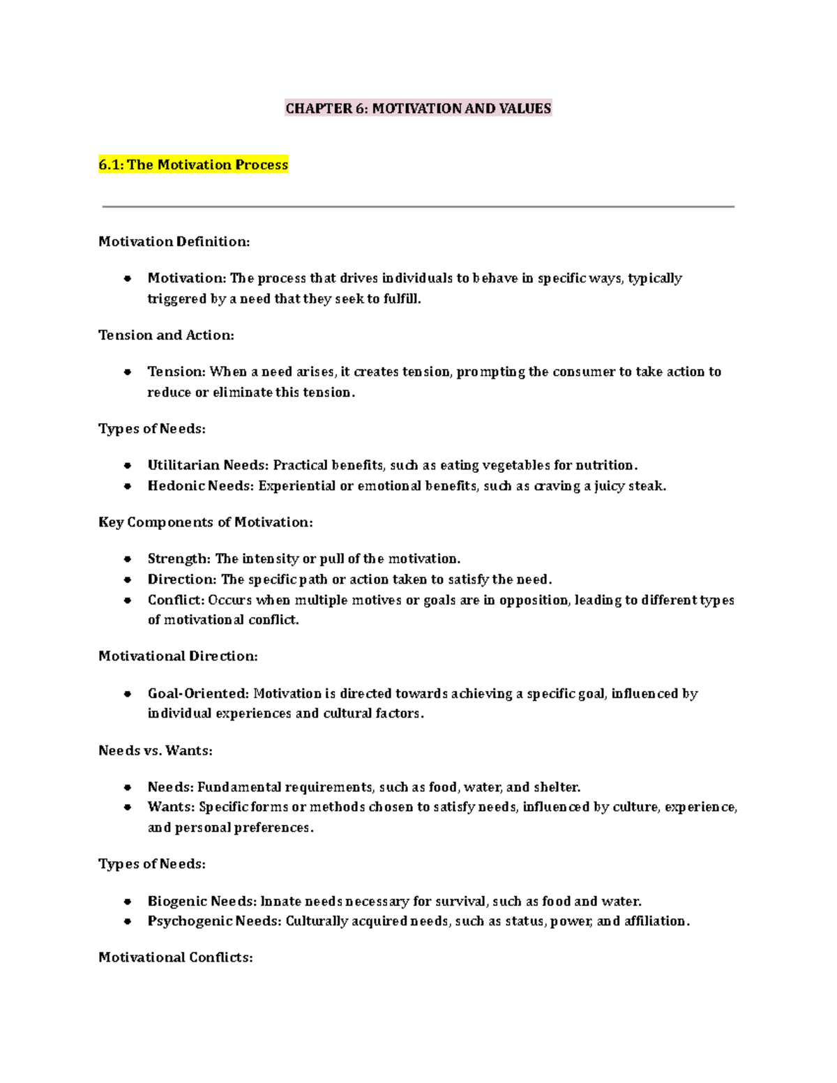 Chapter 6 Notes - CHAPTER 6 : MOTIVATION AND VALUES 1 : The Motivation ...