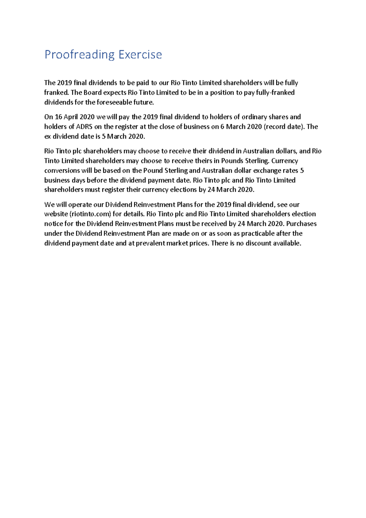 Activity - Materials - Proofreading Exercise The 2019 final dividends ...