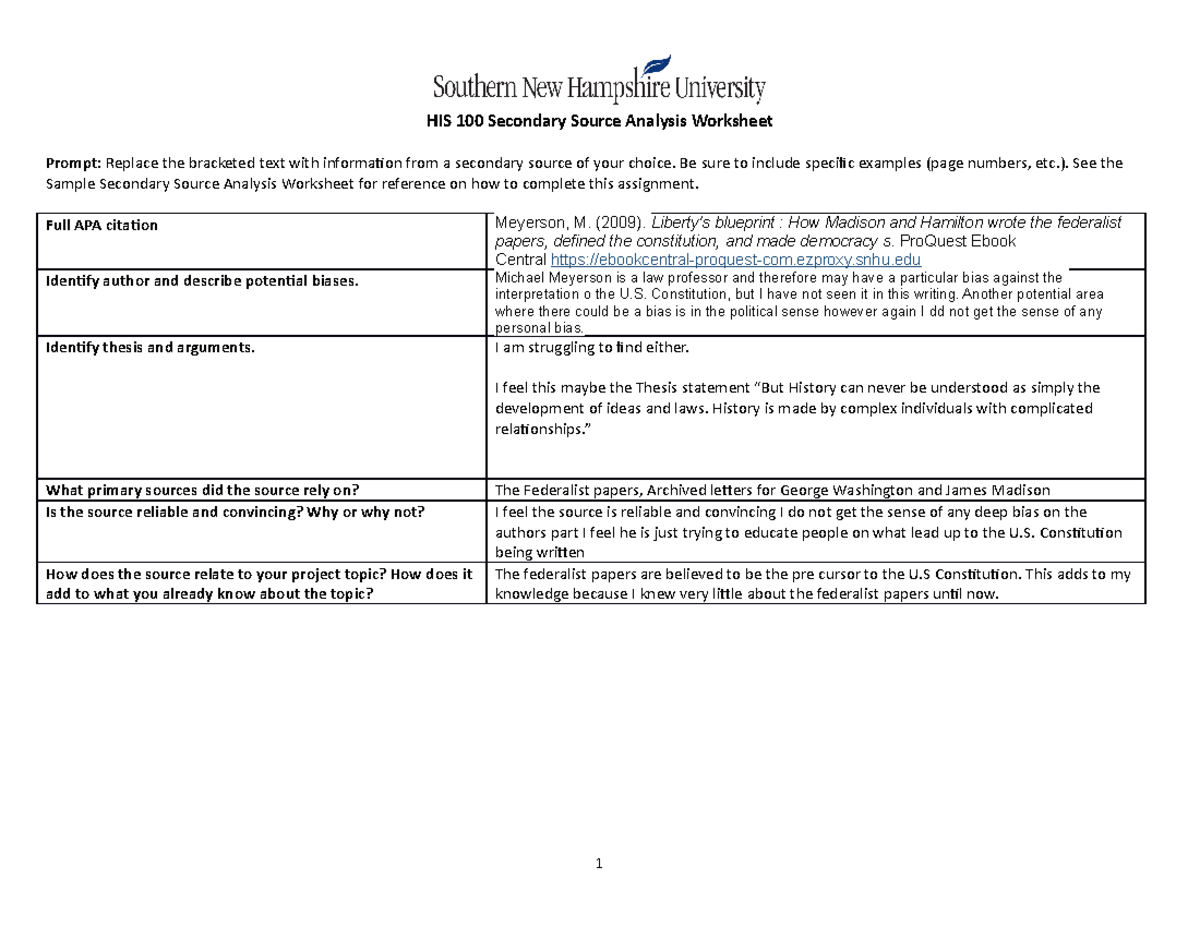 HIS 100 Secondary Source Analysis Worksheet - HIS 100 Secondary Source ...