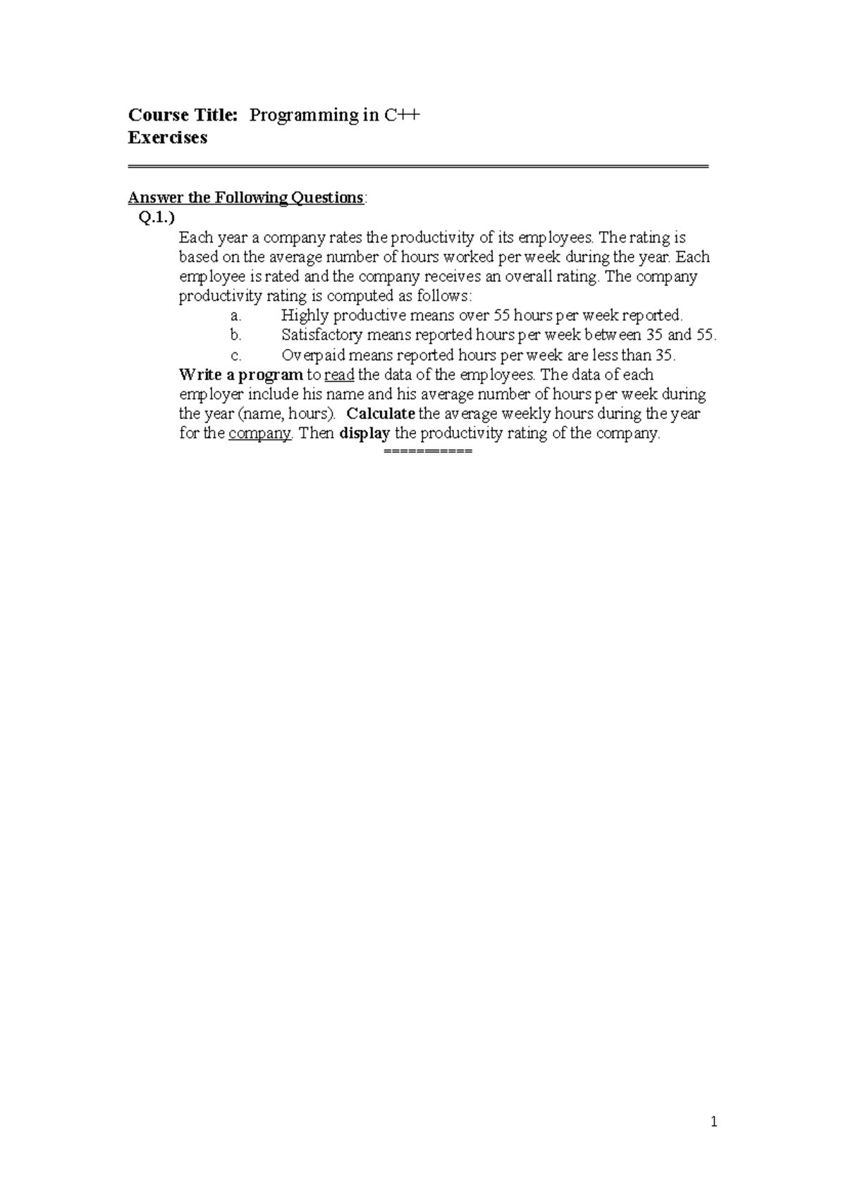 Programming Exercises Answer T1 - Course Title: Programming in C++ ...