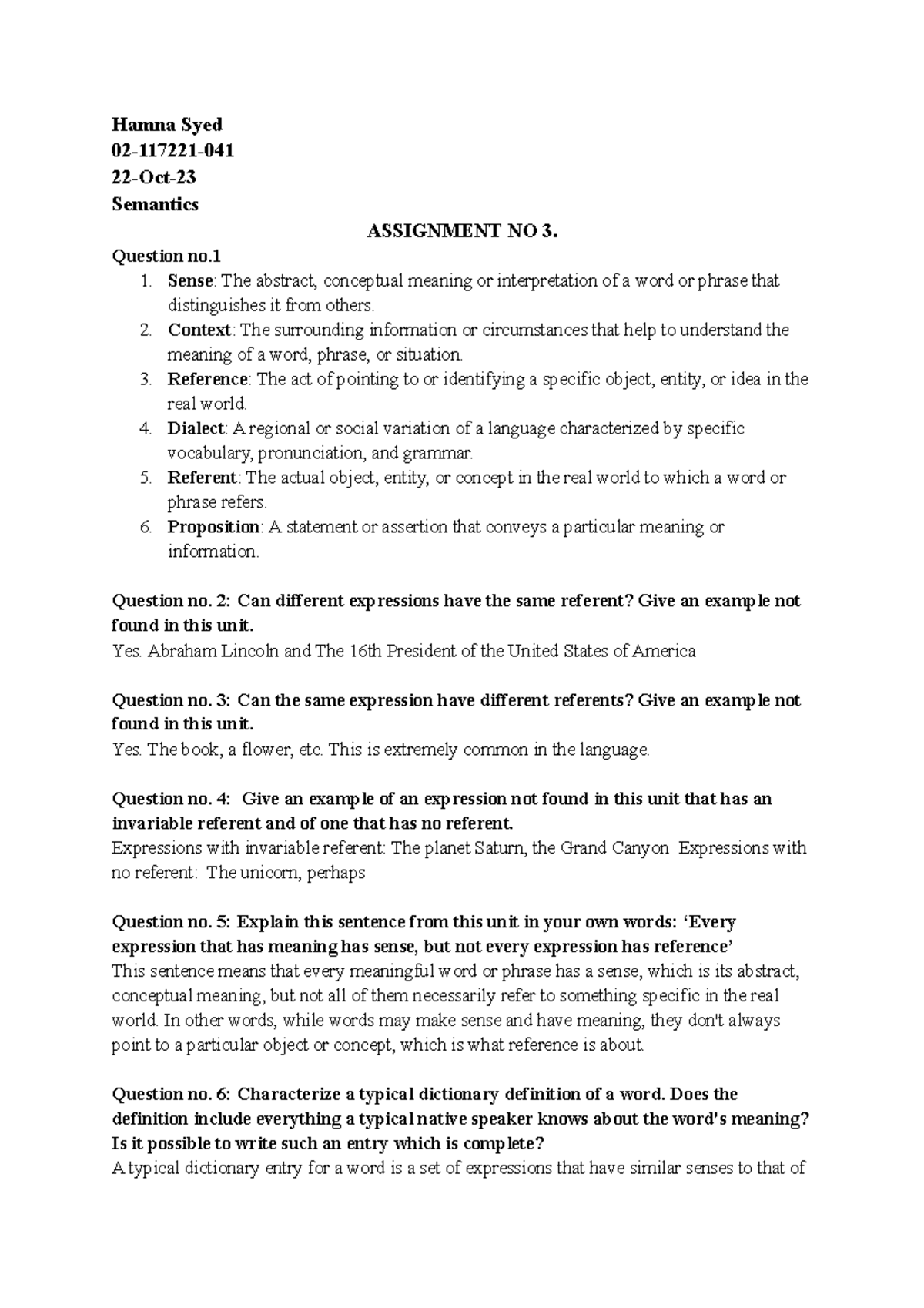 Semantics Key 3 English Hamna Syed 02 117221 22 Oct Semantics Assignment No 3 Question No 