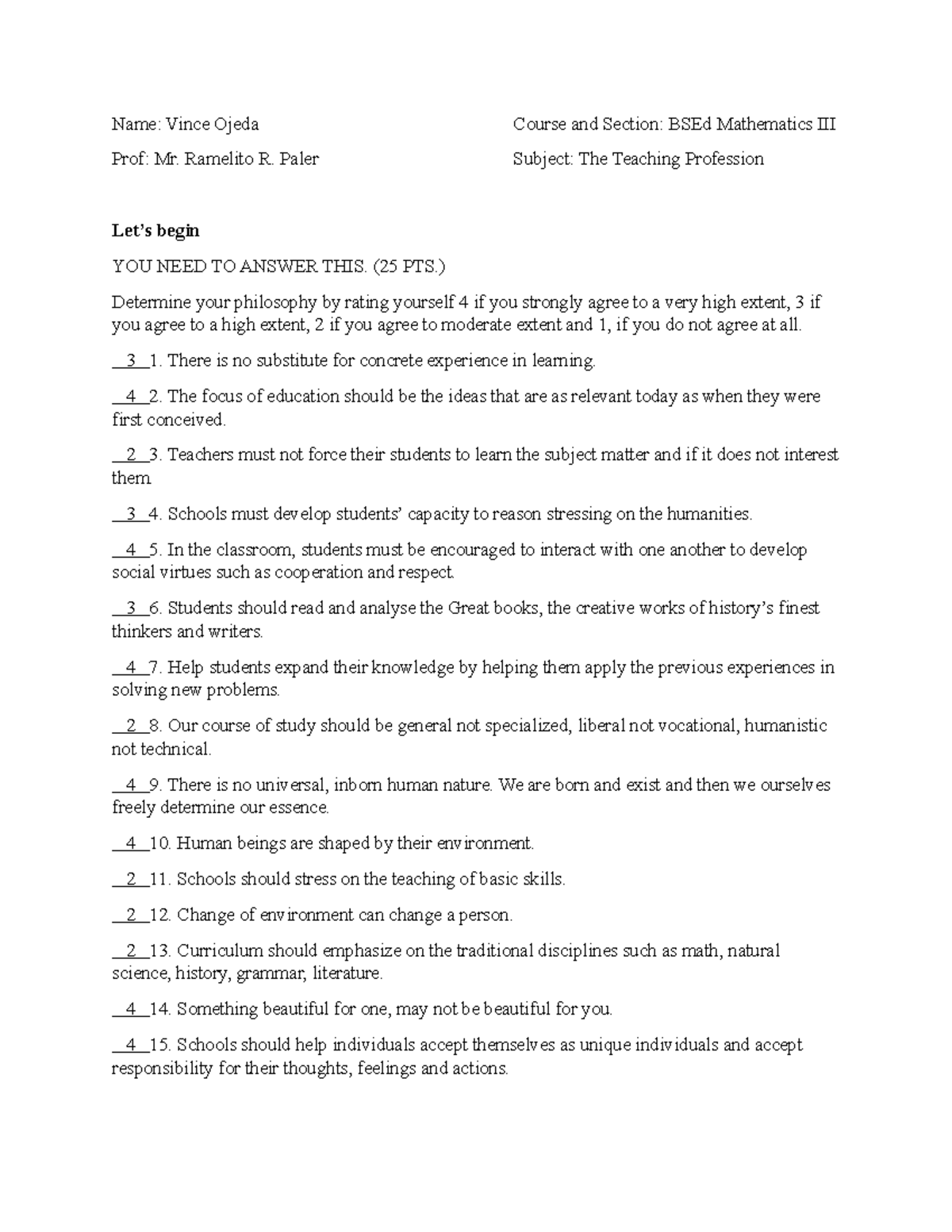 Activity from Lesson 1 - Reflection of mine - Name: Vince Ojeda Course and Section: BSEd ...