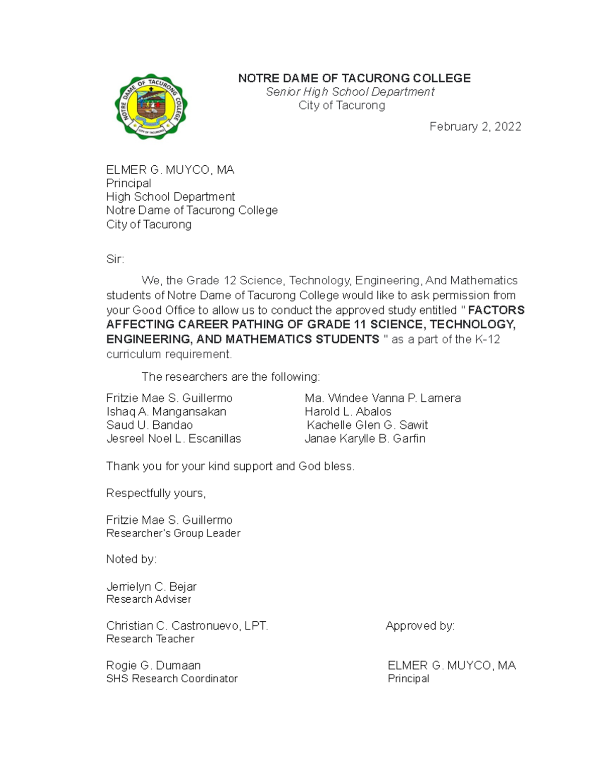 Communication letter - Helpful - NOTRE DAME OF TACURONG COLLEGE Senior ...