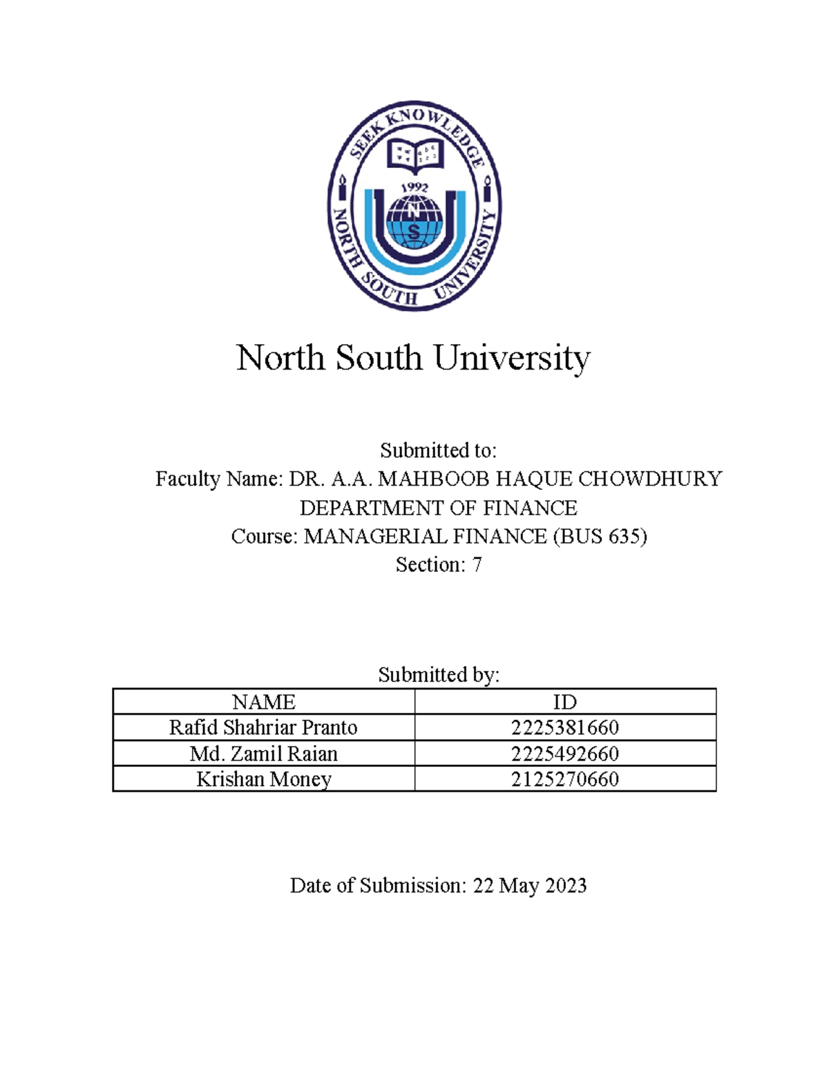 Bus 635 group report Ratio Analysis - North South University Submitted ...