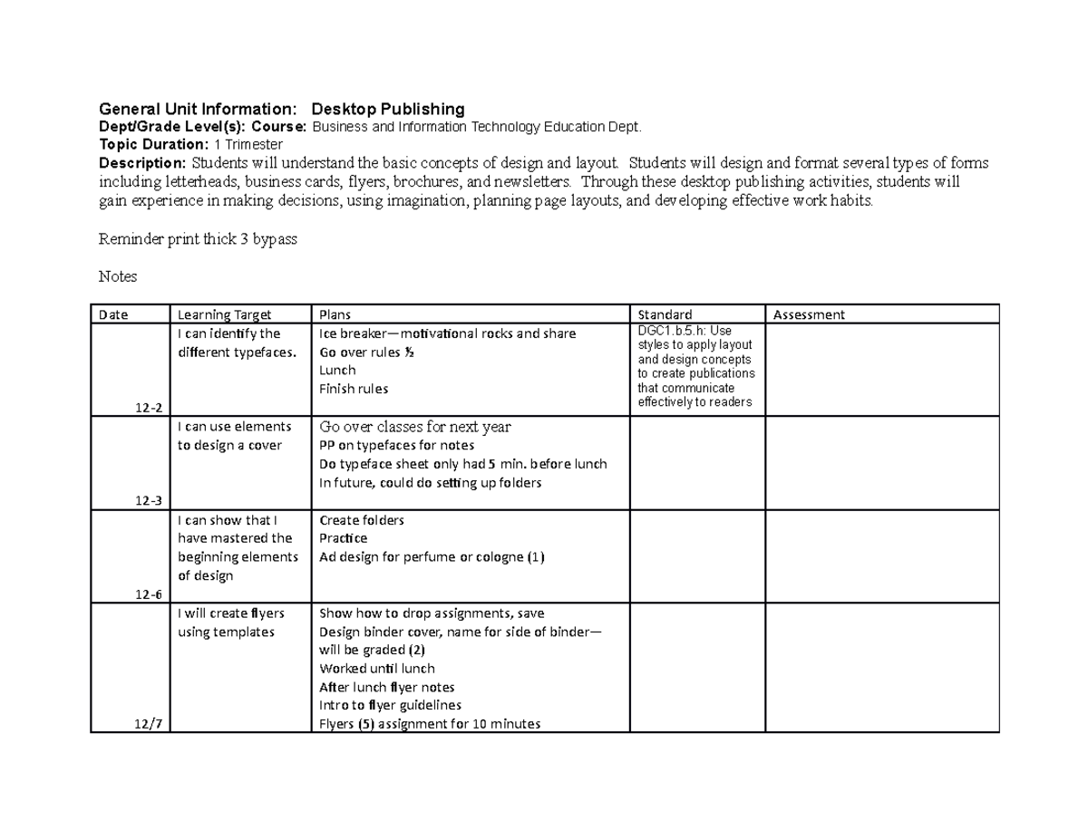 Desktop pacing guide - General Unit Information: Desktop Publishing ...