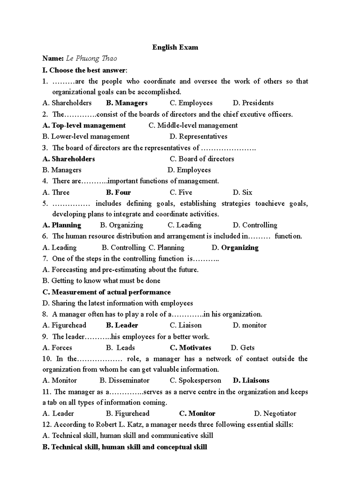 E2 - tiếng anh nghiên cứu - English Exam Name: Le Phuong Thao I. Choose ...