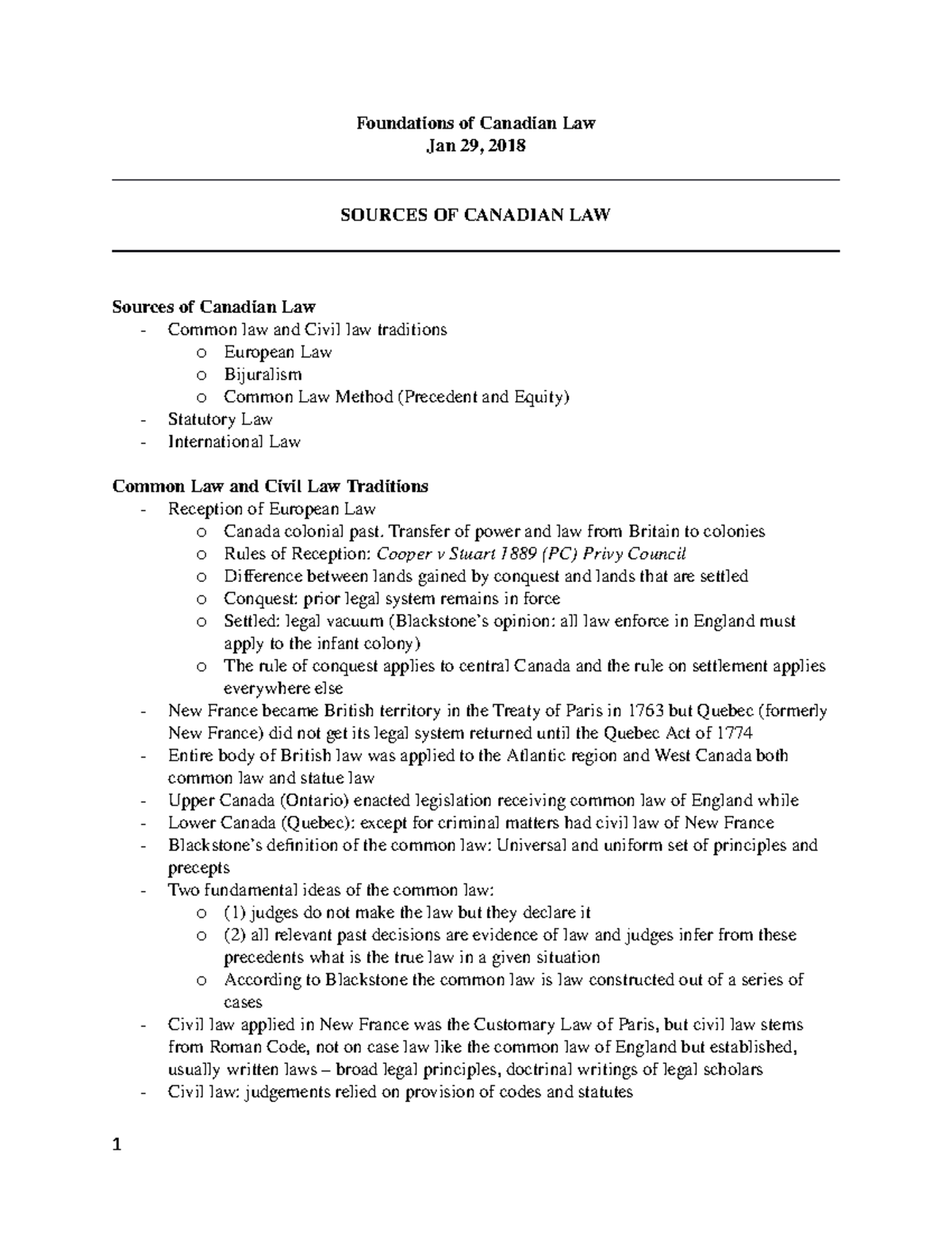 FCL - Lecture 3 - Foundations of Canadian Law Jan 29, 2018 SOURCES OF ...