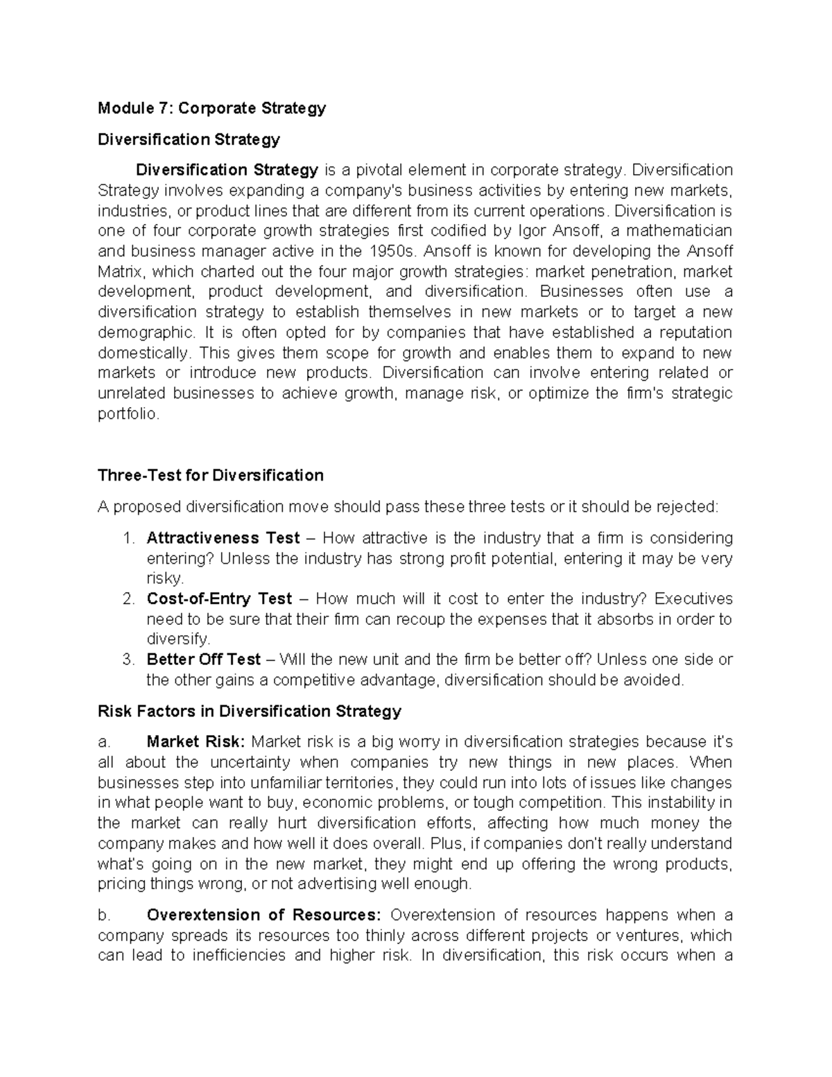 Diversification Strategy - Module 7: Corporate Strategy Diversification ...