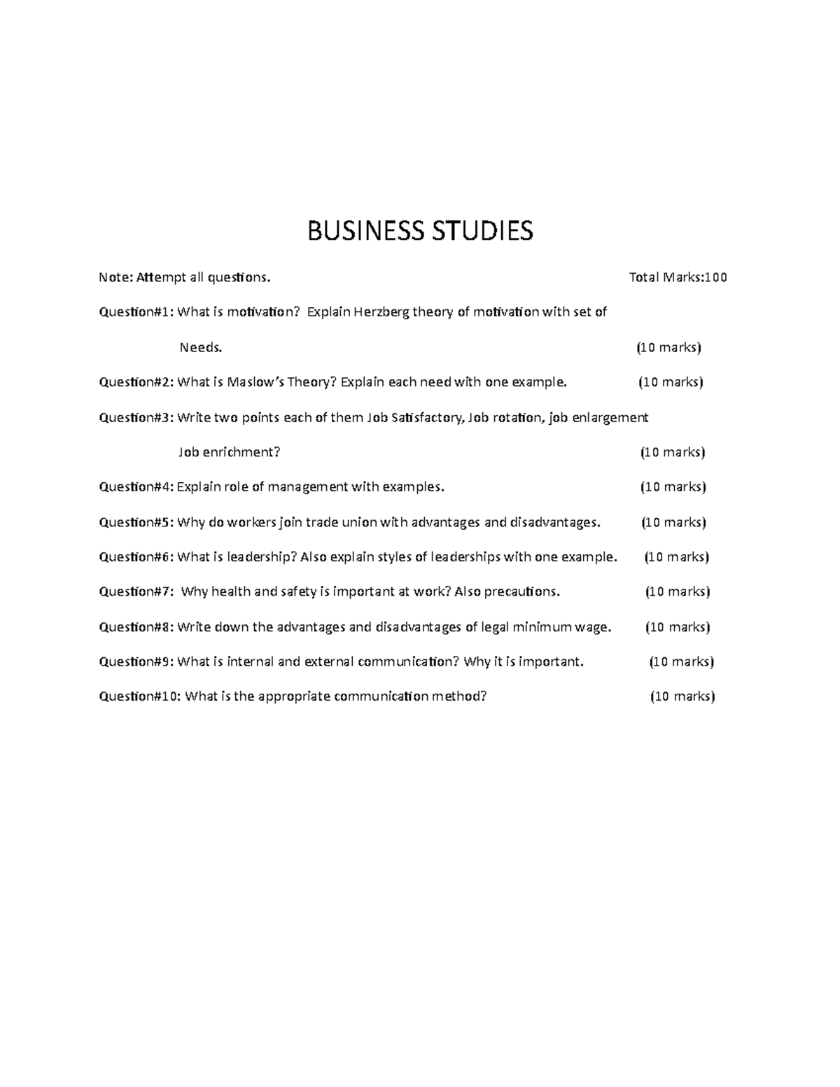 Business Studies - detail test - BUSINESS STUDIES Note: Atempt all ...