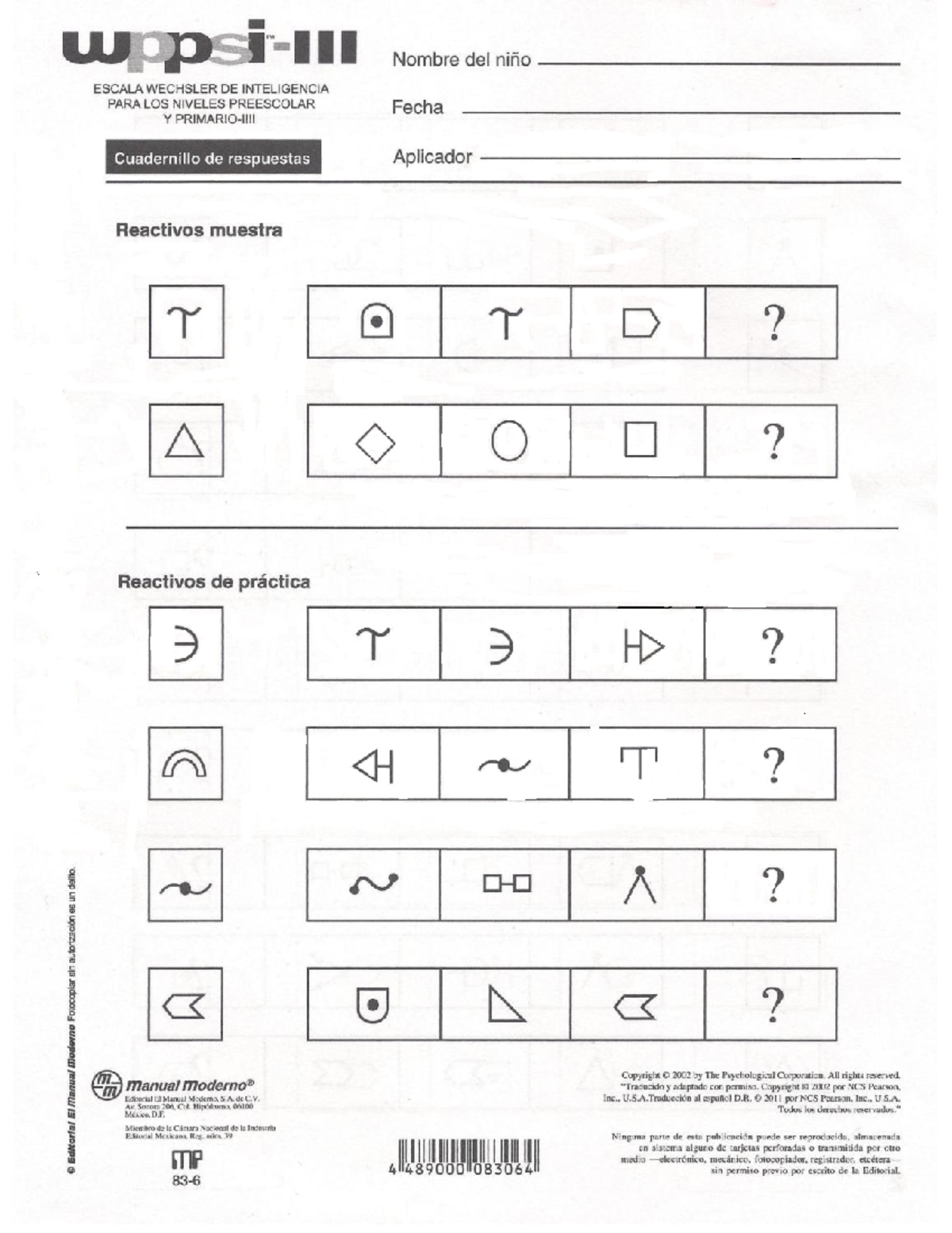 Cuadernillo de Respuestas Busqueda de Simbolos y Claves wisc - wppsi TM ...