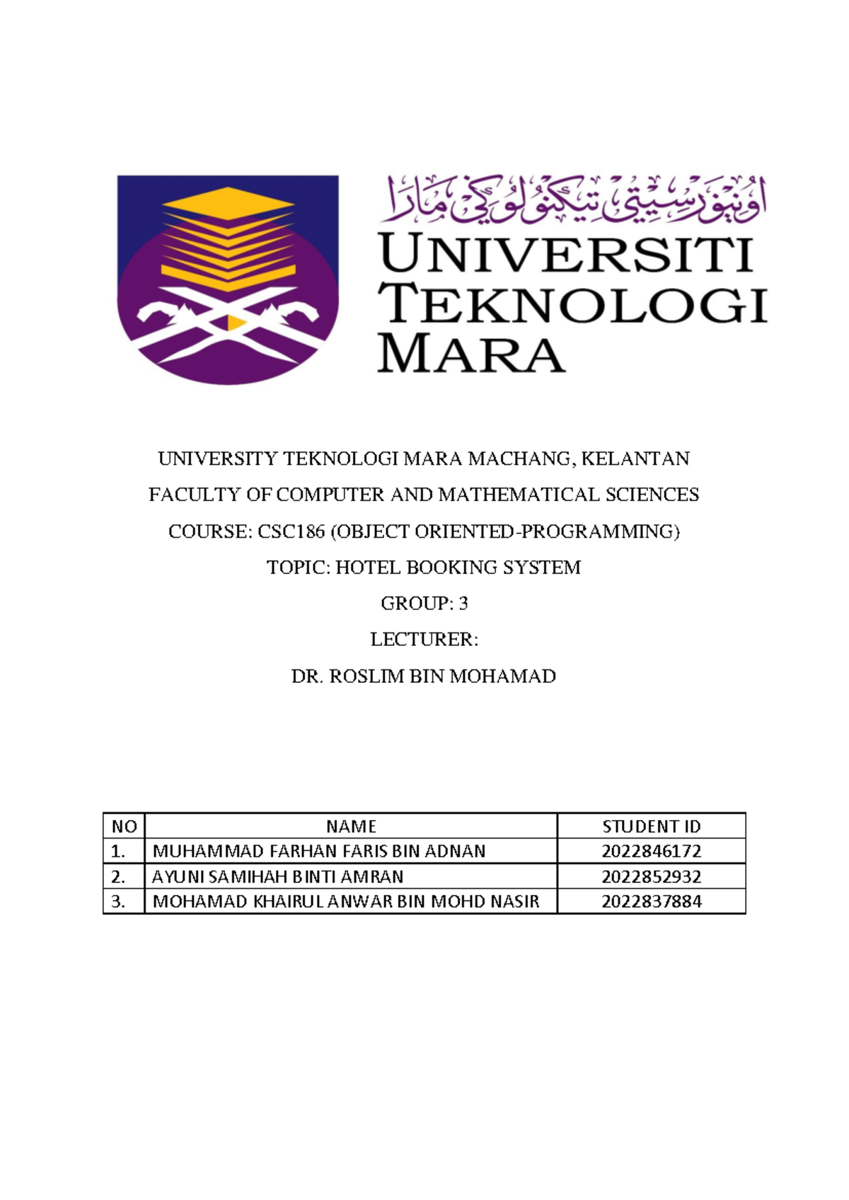 CSC186 Final Report - UNIVERSITY TEKNOLOGI MARA MACHANG, KELANTAN ...