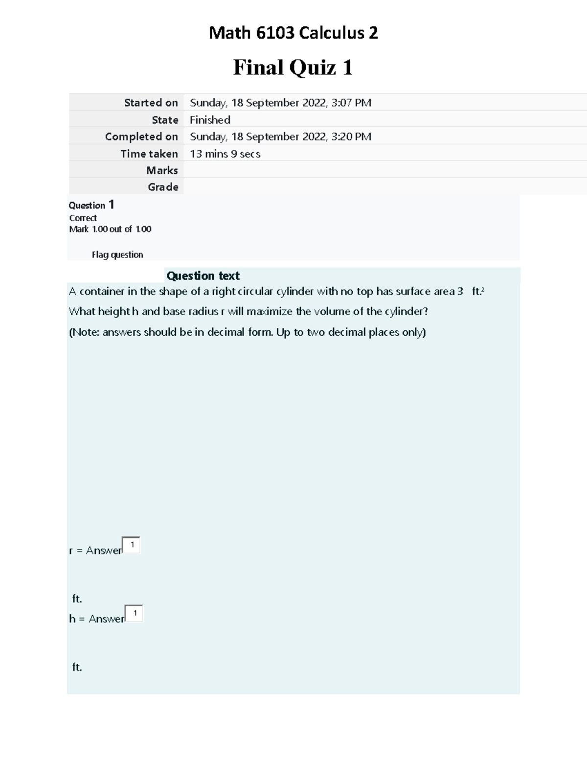 Calculus 2 Math - Math 6103 Calculus 2 Final Quiz 1 Started on Sunday ...
