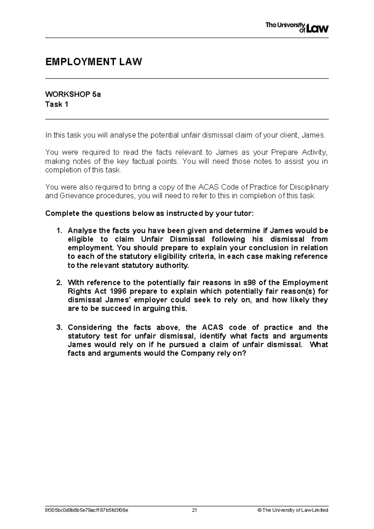 2324 employment level 5 ws05a ce02 task - EMPLOYMENT LAW WORKSHOP 5a ...