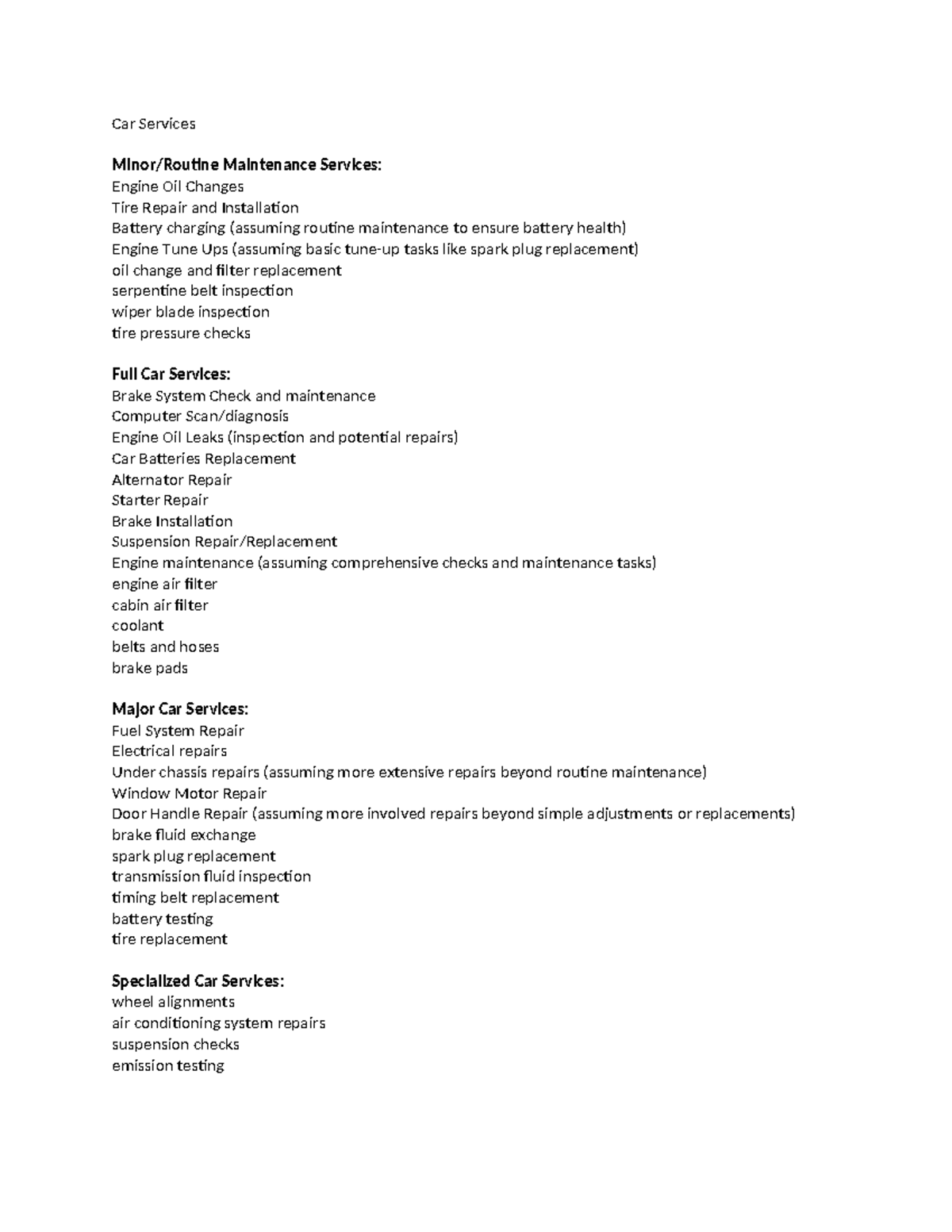 Auto mats - Summary Practice Teaching - Car Services Minor/Routine ...