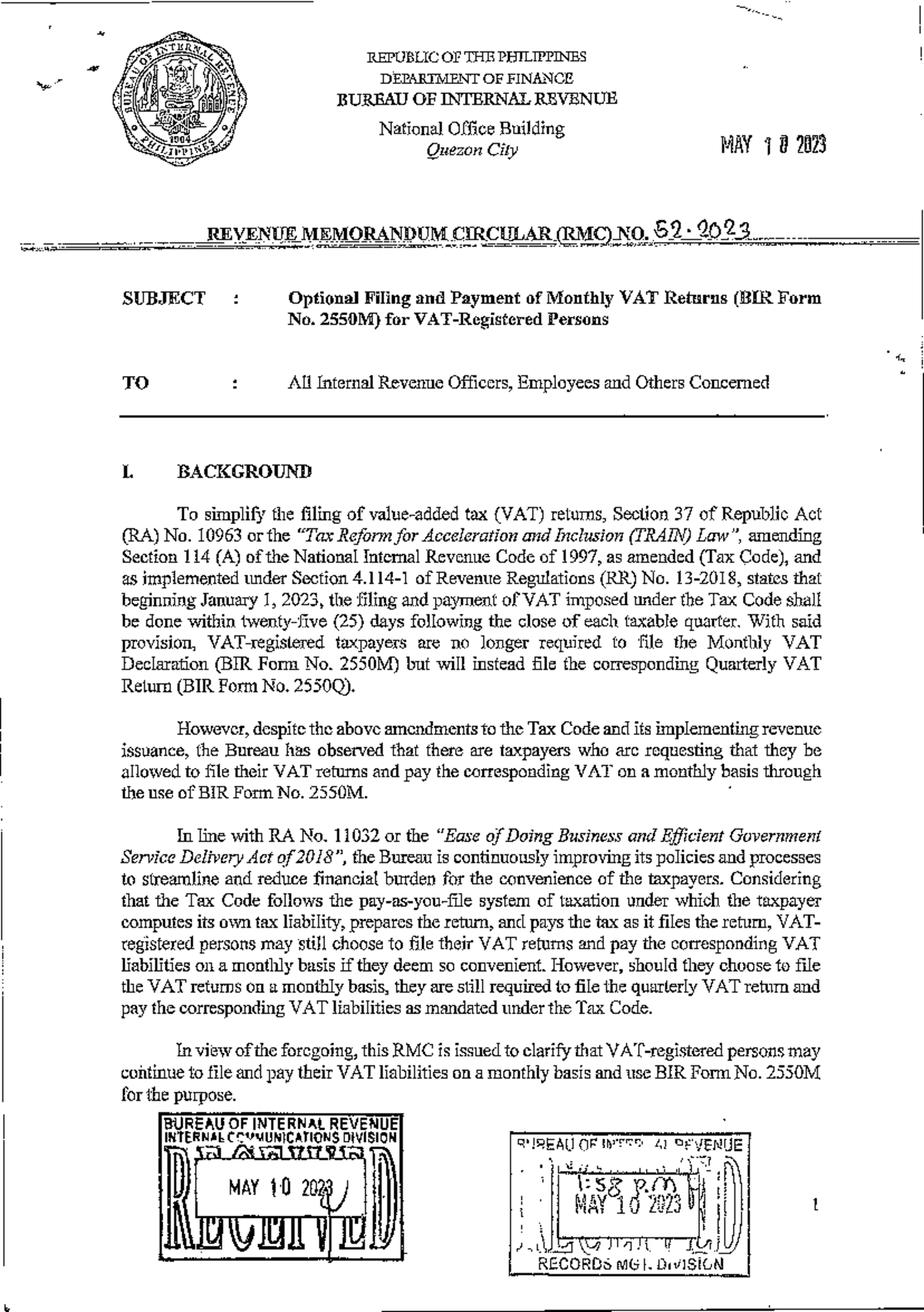 RMC No. 52-2023 2 - RMC No. 52-2023 2 - Accountancy - Studocu