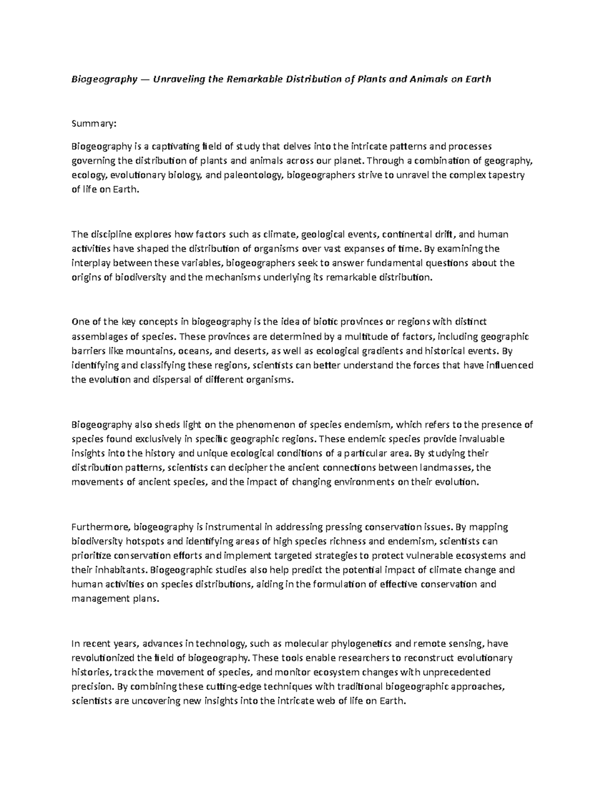 Biogeography — Distribution of Plants and Animals on Earth (Summary ...