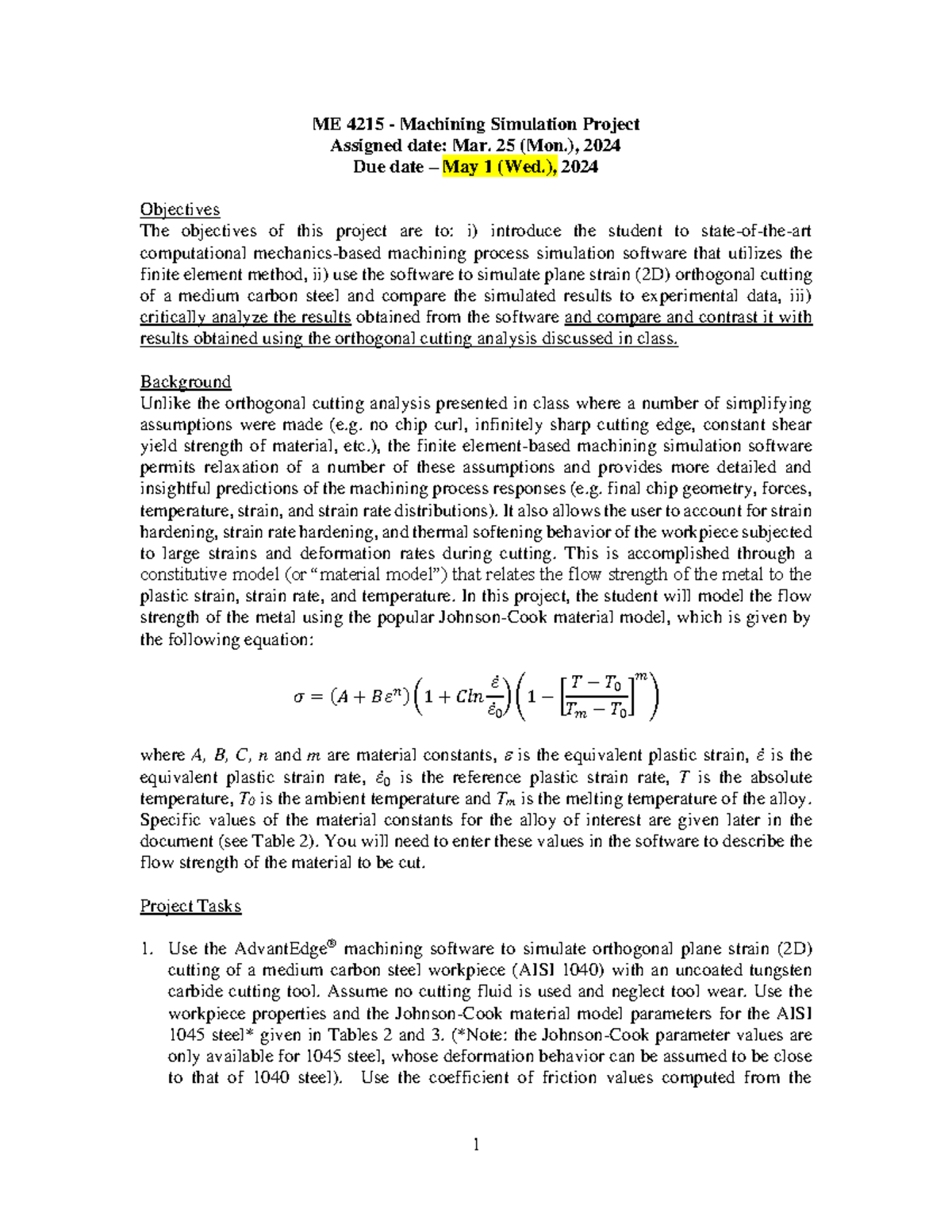 ME 4215 Project - 1 ME 421 5 - Machining Simulation Project Assigned ...
