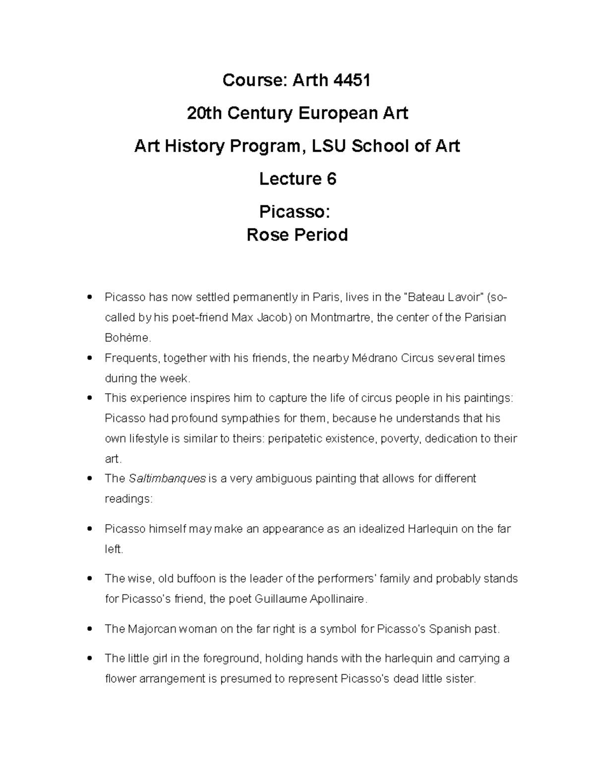 Rose period picasso - Course: Arth 4451 20th Century European Art Art ...